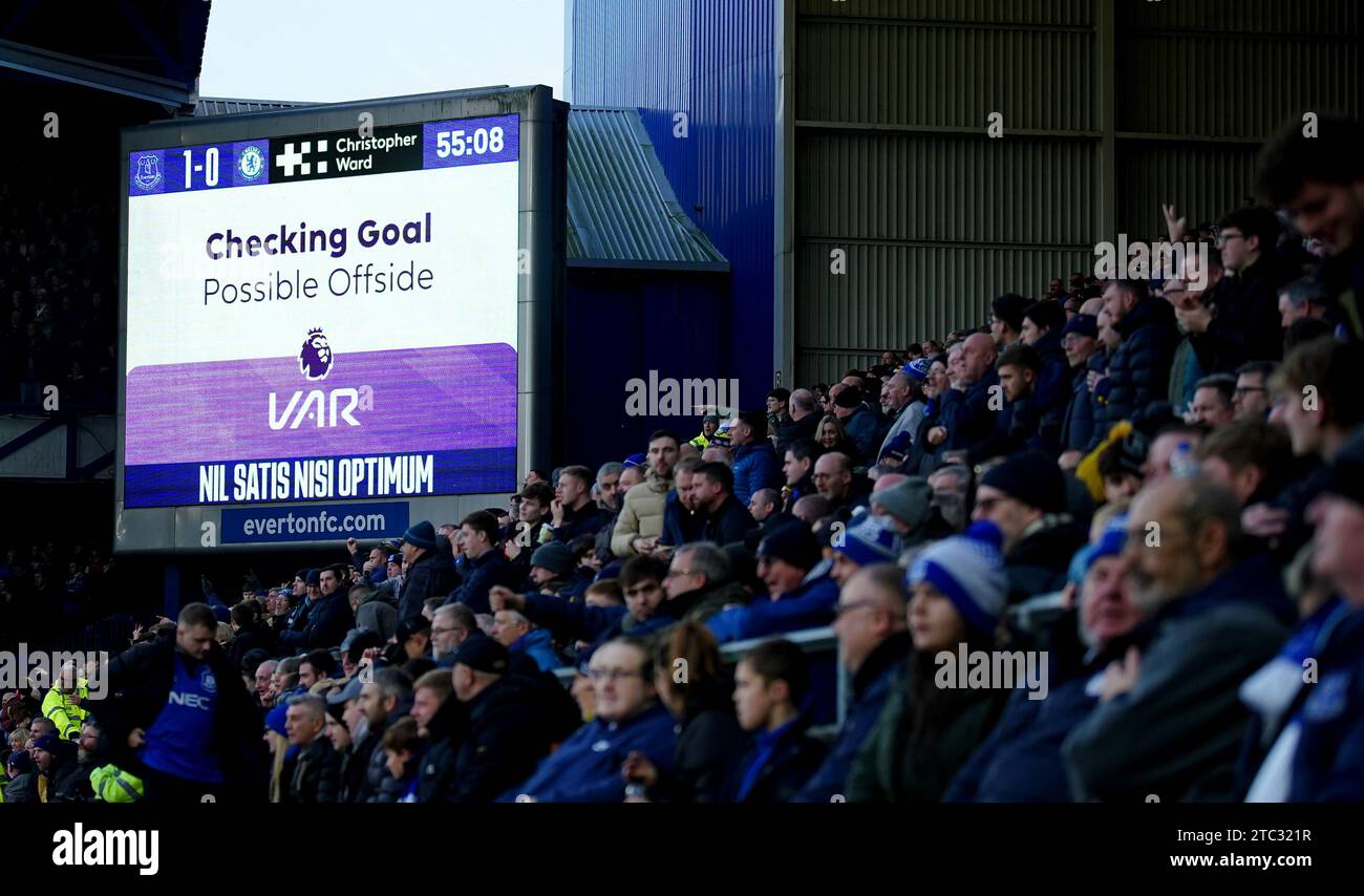 A VAR Check for offside following an Everton goal during the Premier ...