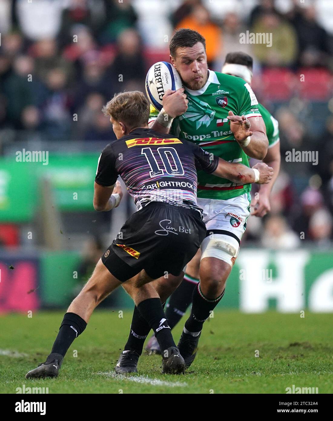 Leicester Tigers' Hanro Liebenberg (right) tackled by Stormers' Jurie ...