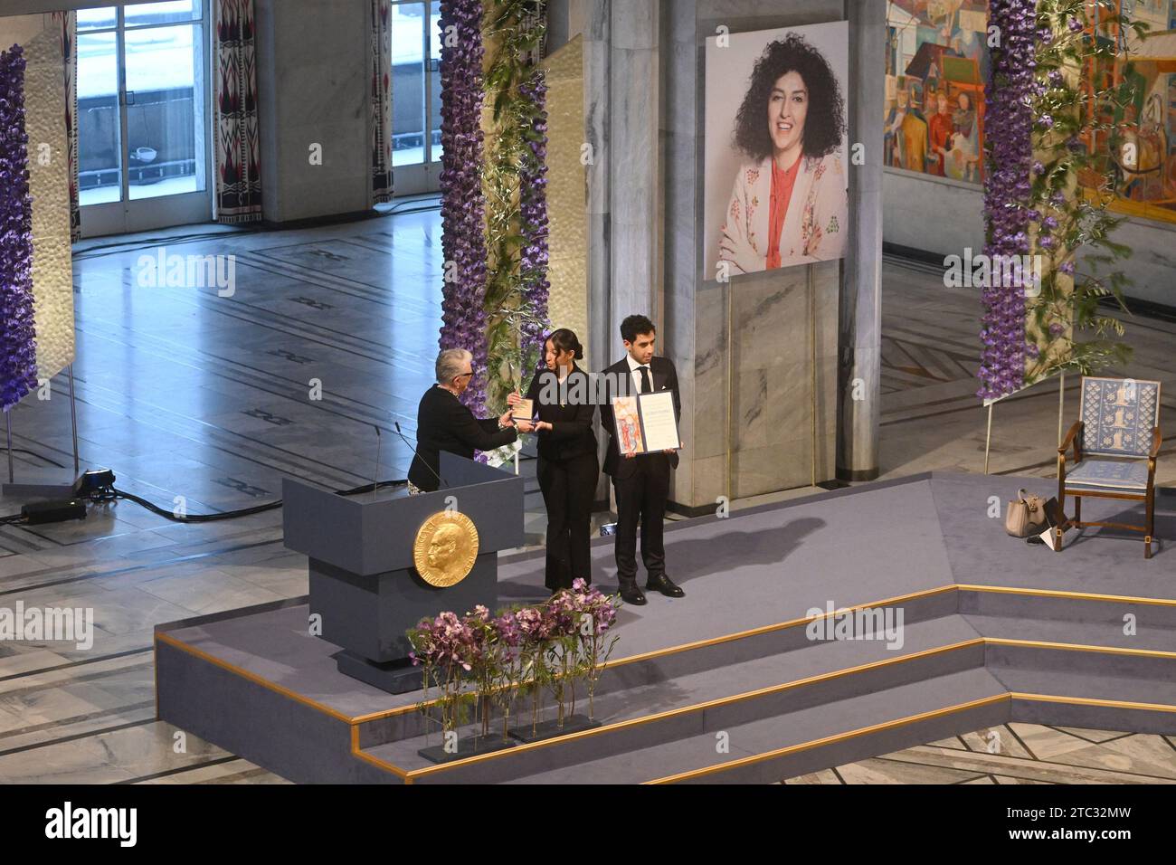 Oslo, Norway. 10th Dec, 2023. Ali Rahmani, Kiana Rahmani and Nobel ...