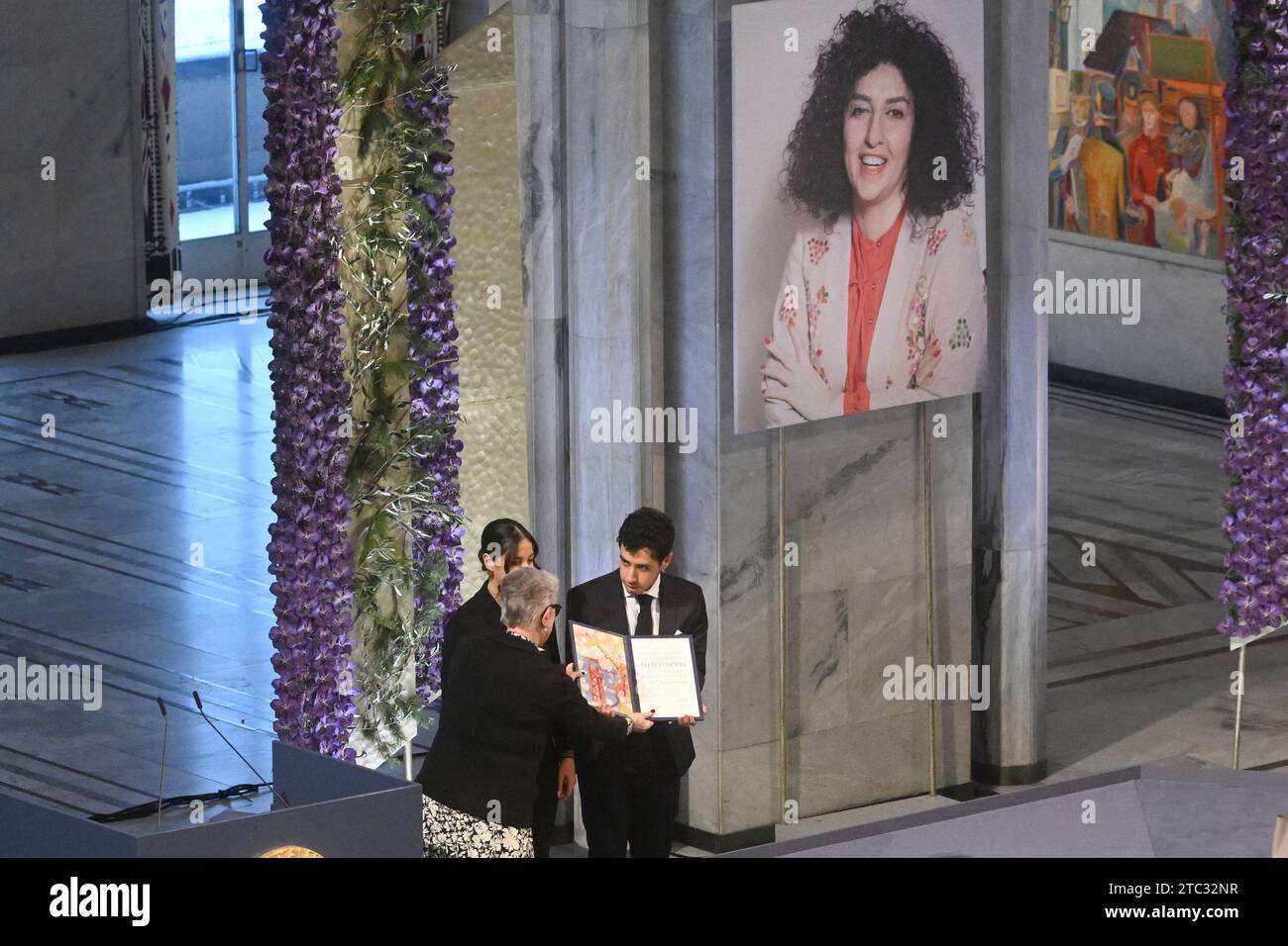 Oslo, Norway. 10th Dec, 2023. Ali Rahmani, Kiana Rahmani and Nobel ...