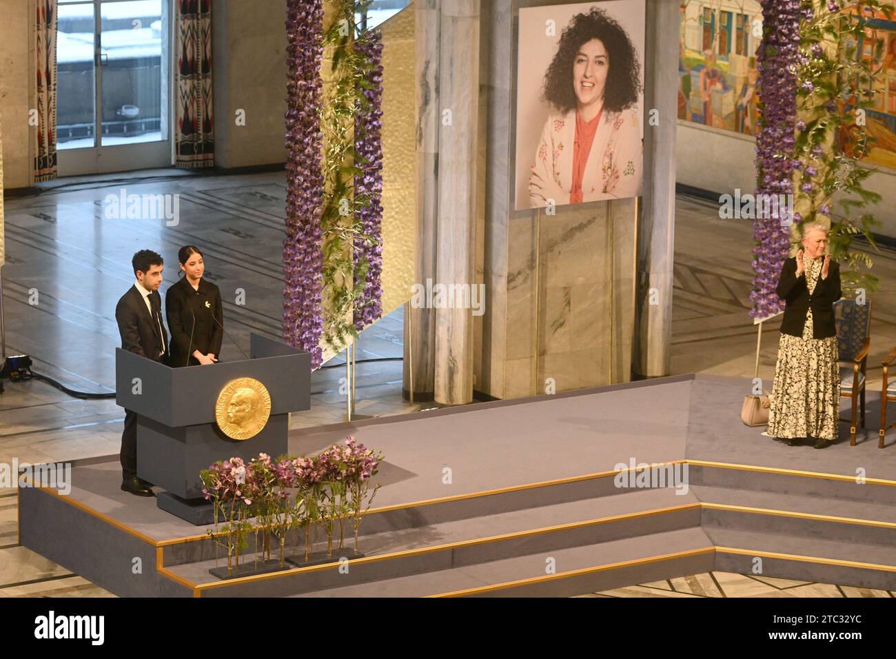 Oslo, Norway. 10th Dec, 2023. Ali Rahmani, Kiana Rahmani and Nobel ...