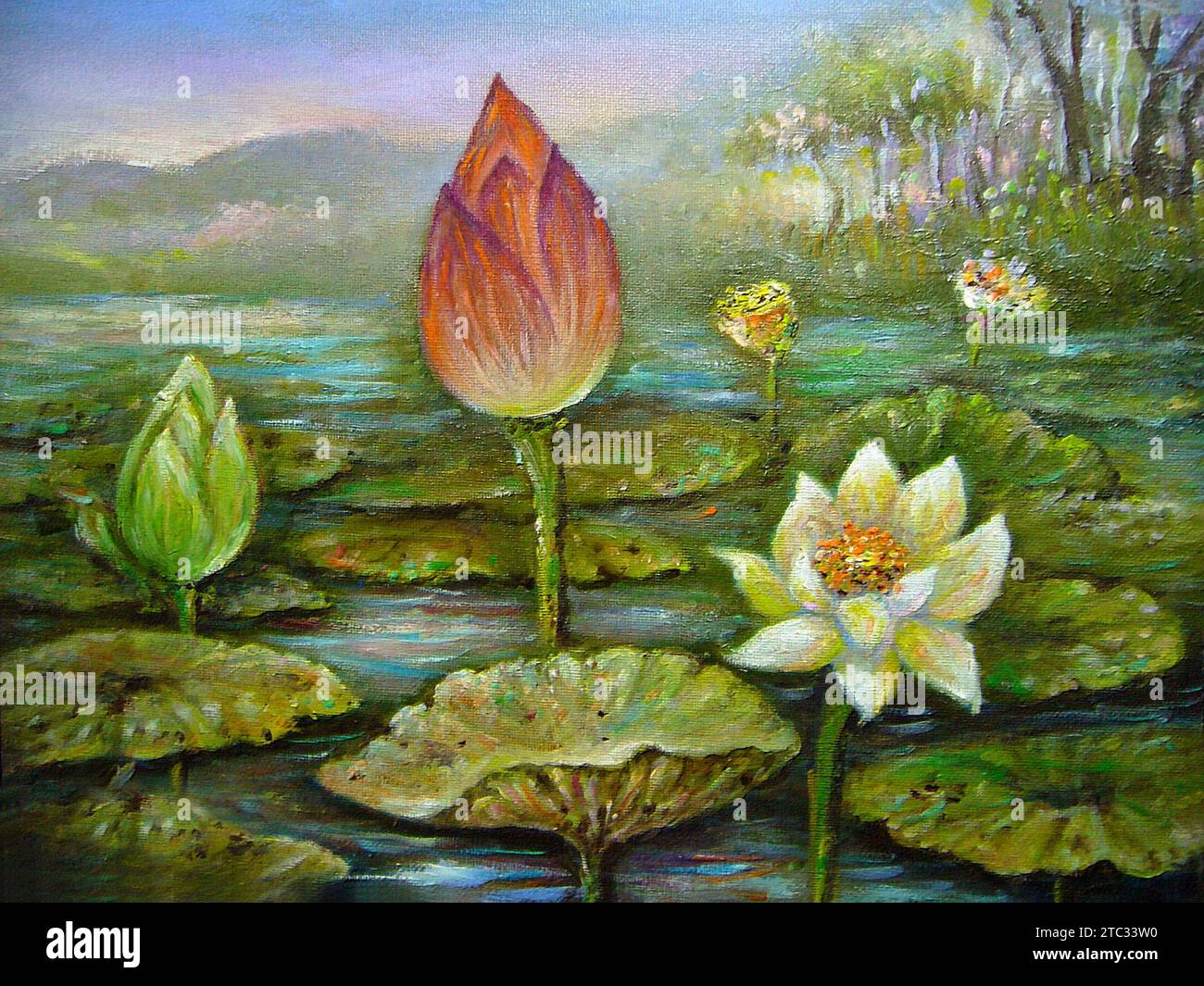 Art painting Fine art Oil color lotus Flower background from thailand ...