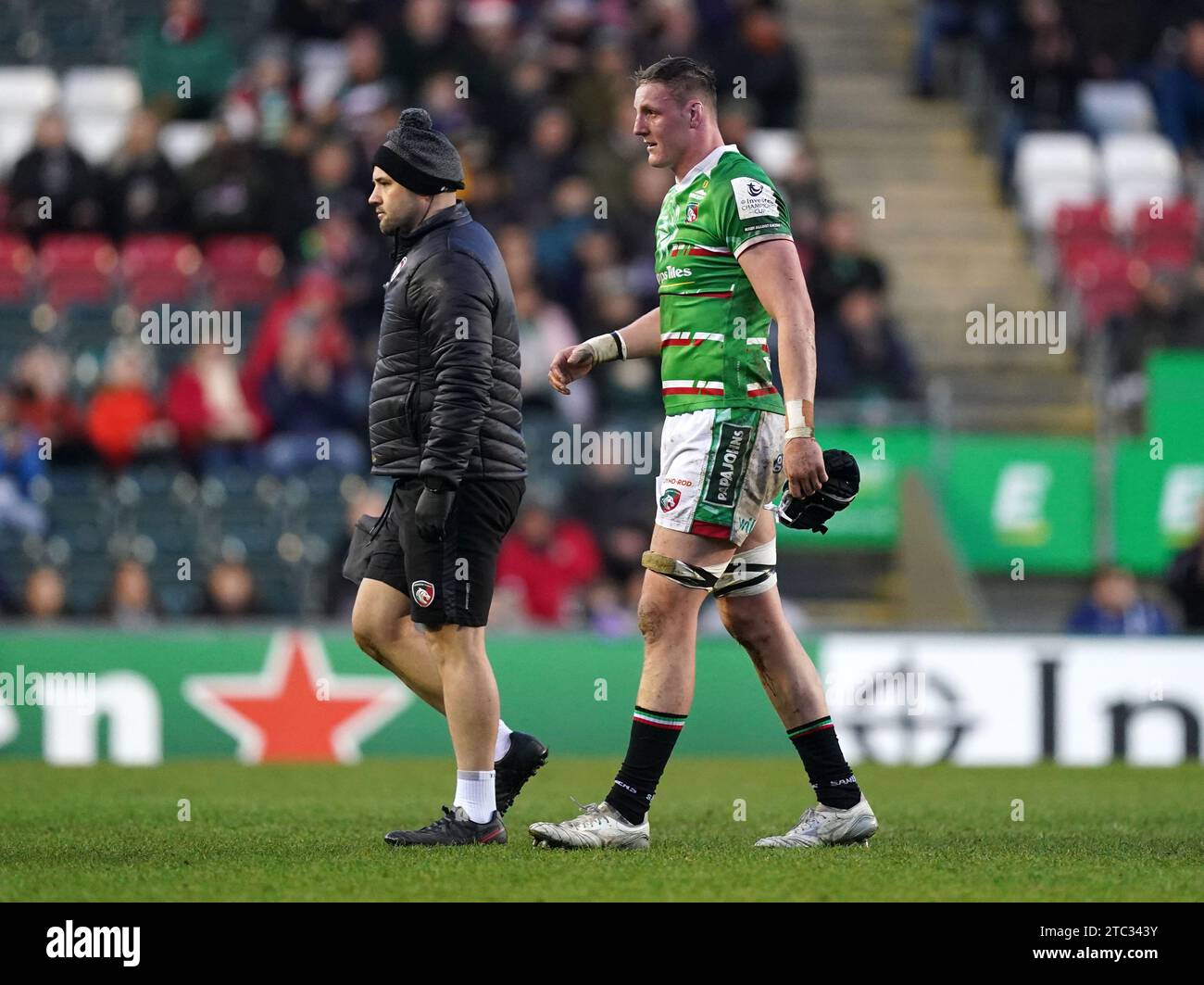 Leicester Tigers' Cameron Henderson leaves the pitch after picking up ...