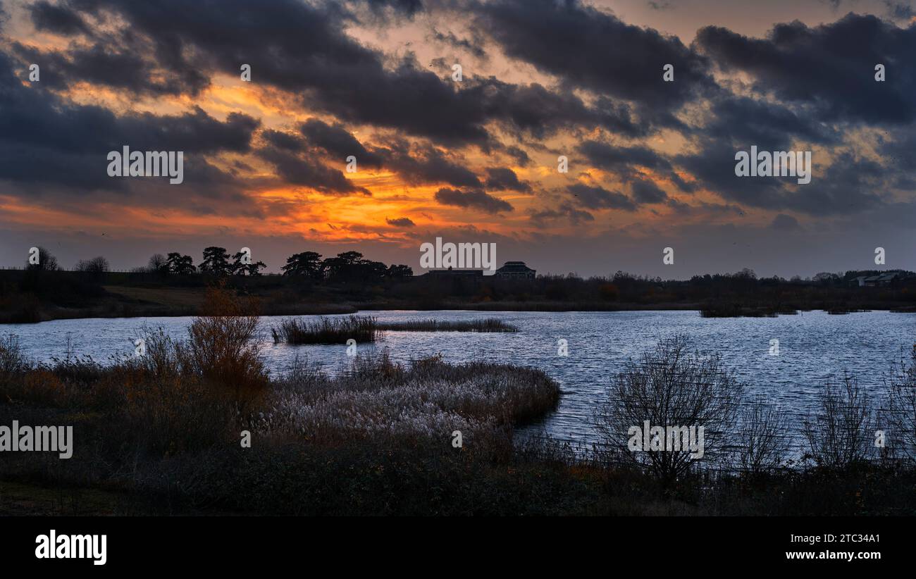 Sunset over over the former Lambeth Reservoir of Molesey Reservoirs ...