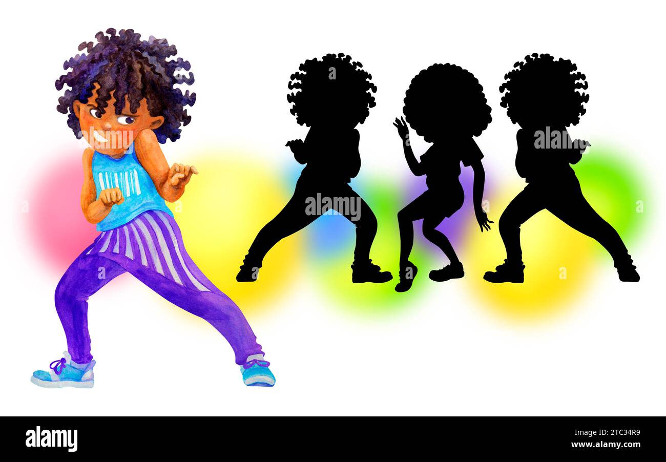 Afro american school-age boy dancing merrily. Find the shadow game ...