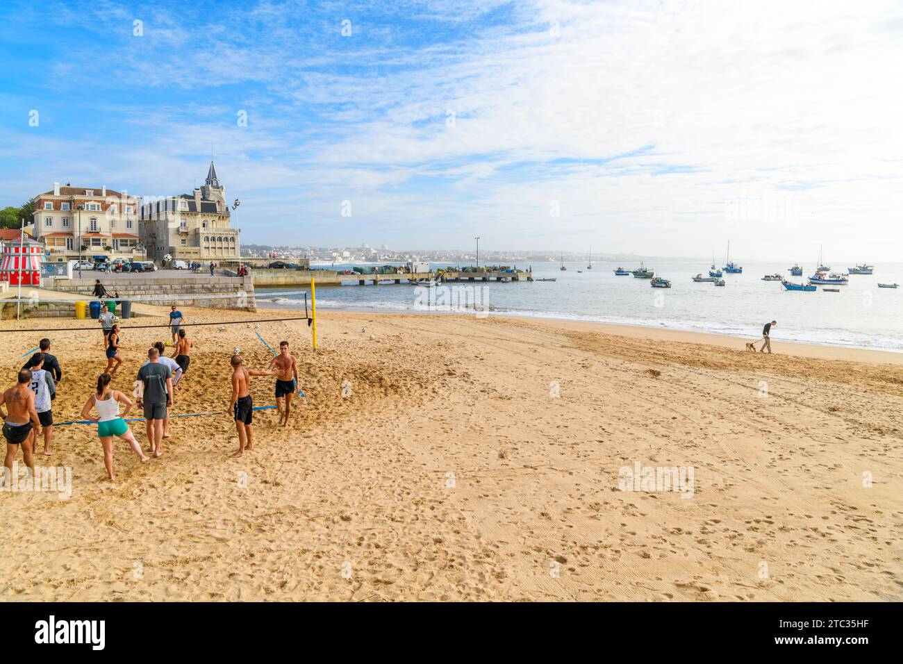 A group of active young adult men and women play a game of beach ...