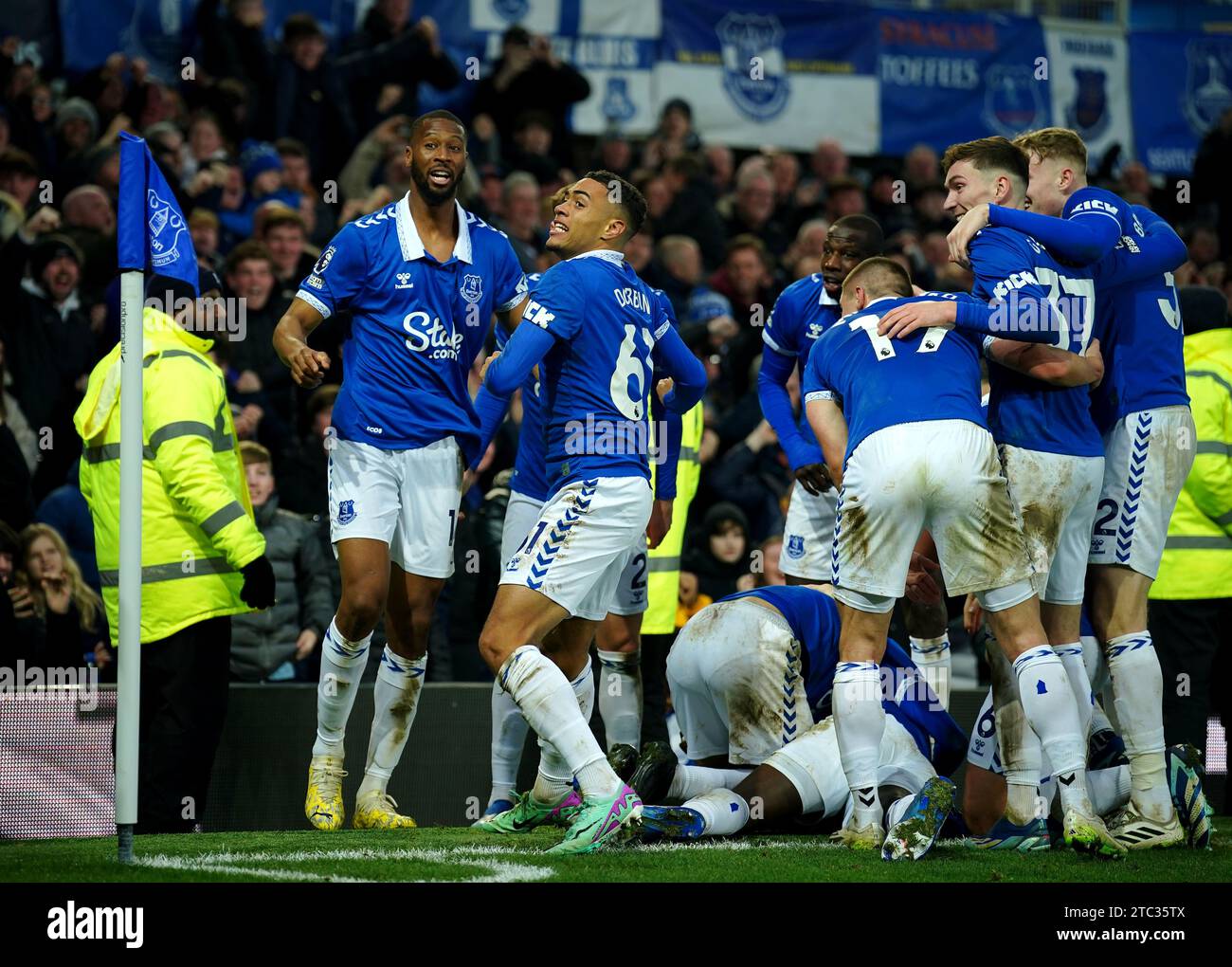 Everton's Lewis Dobbin celebrates scoring their side's second goal of ...
