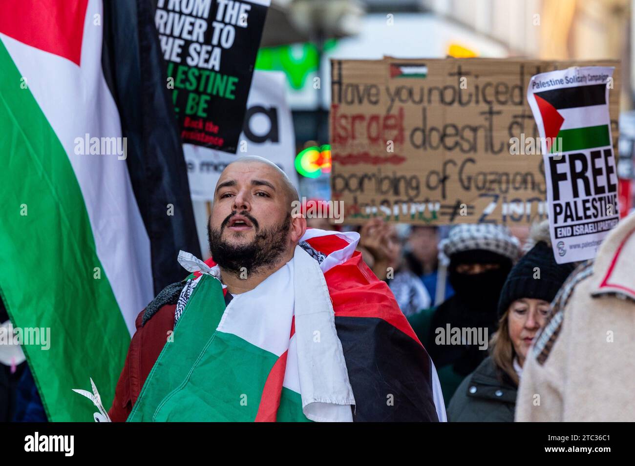 Liverpool, UK, 10 Dec 2023, Ceasefire now in Palestine protest. A ...