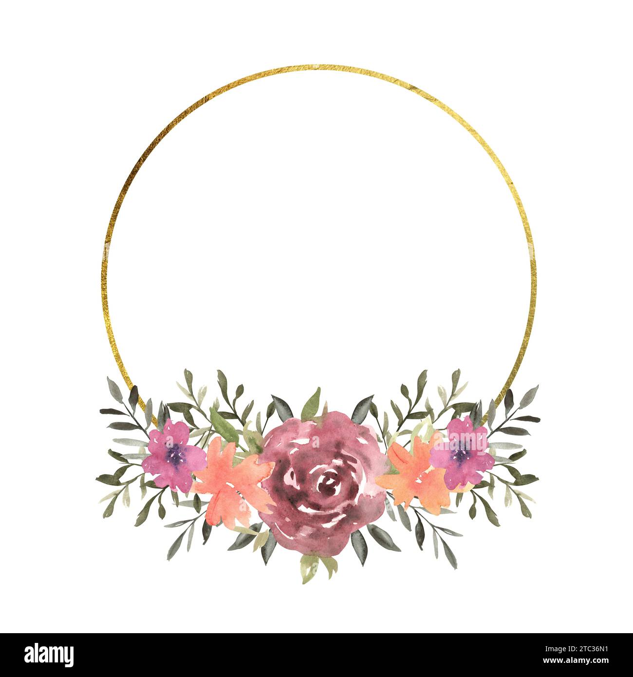 Floral round frame with rose, orange and pink flowers, gold texture ...