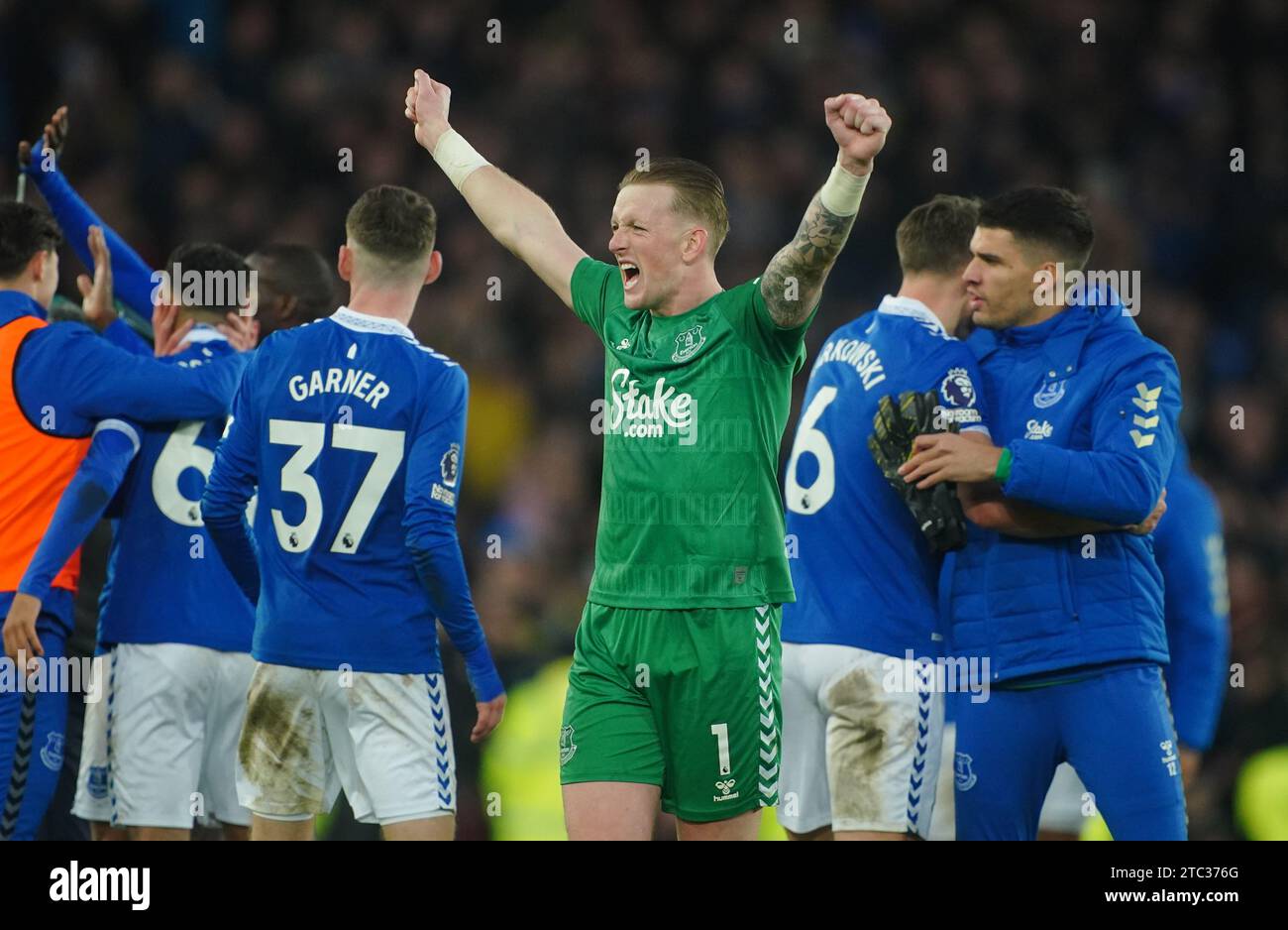 Everton goalkeeper Jordan Pickford celebrates after the Premier League ...