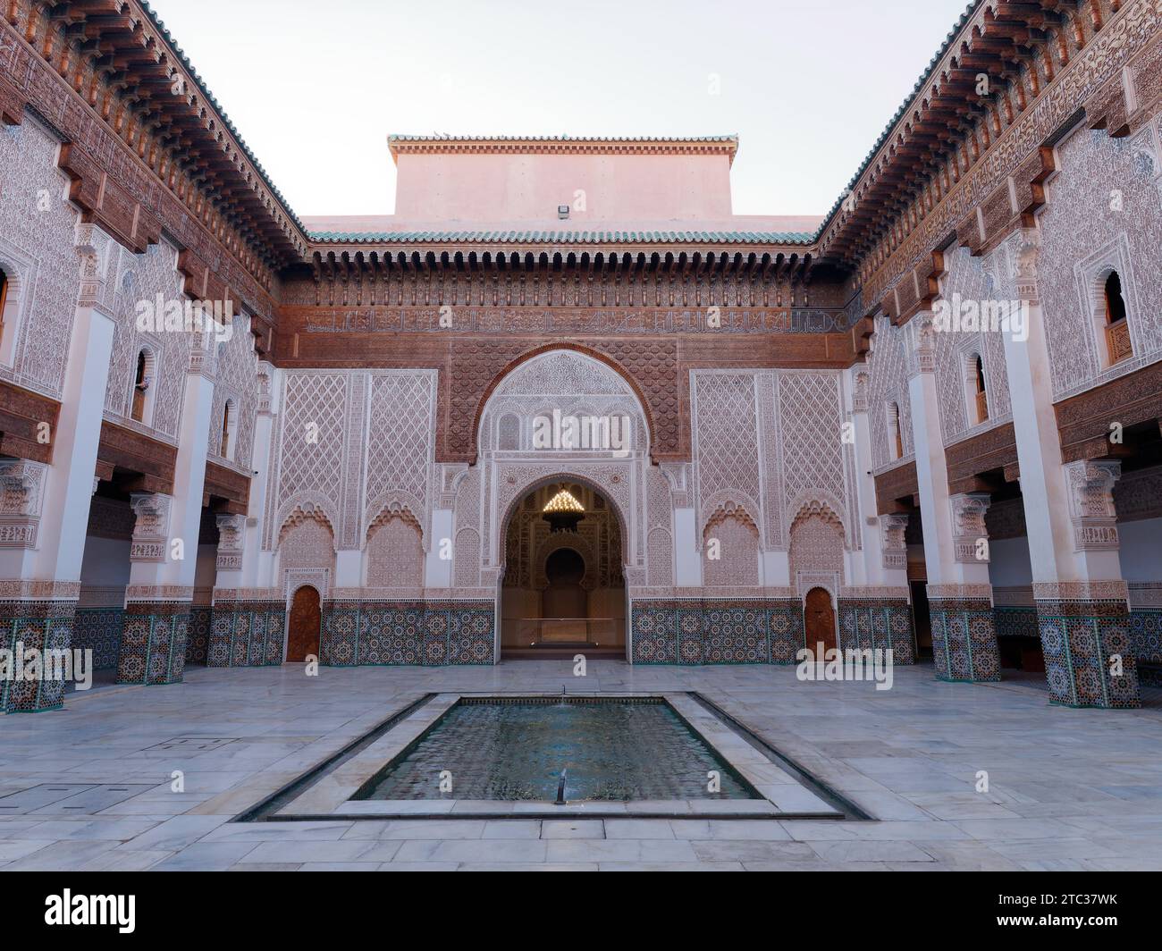 Main courtyard at Ben Youssef Medersa historic Islamic school/college Marrakesh aka Marrakech ...