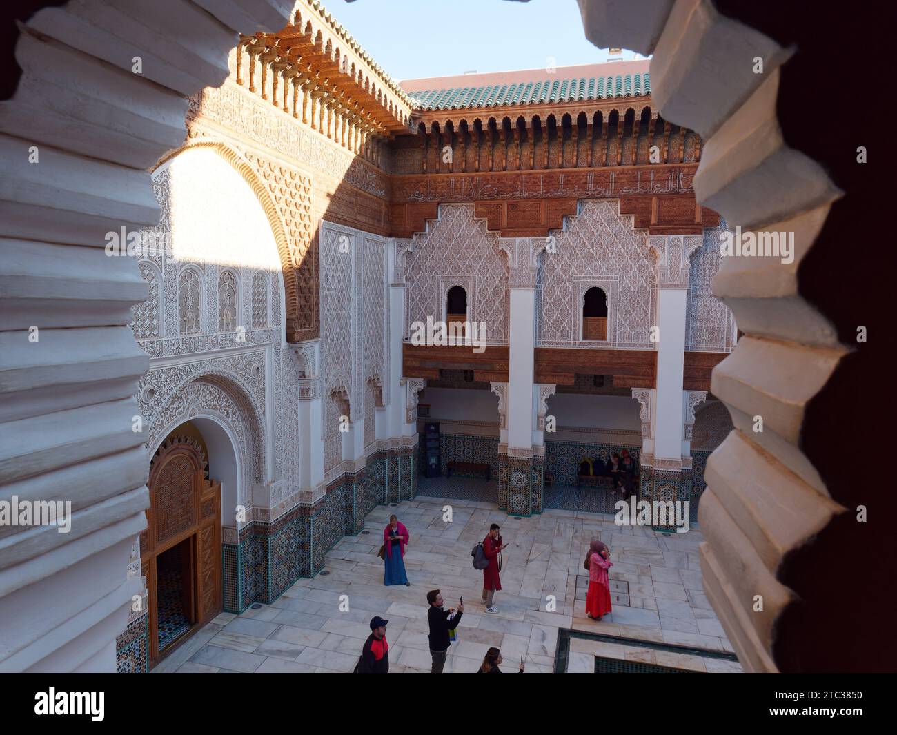 Main courtyard at Ben Youssef Medersa historic Islamic school/college Marrakesh aka Marrakech ...