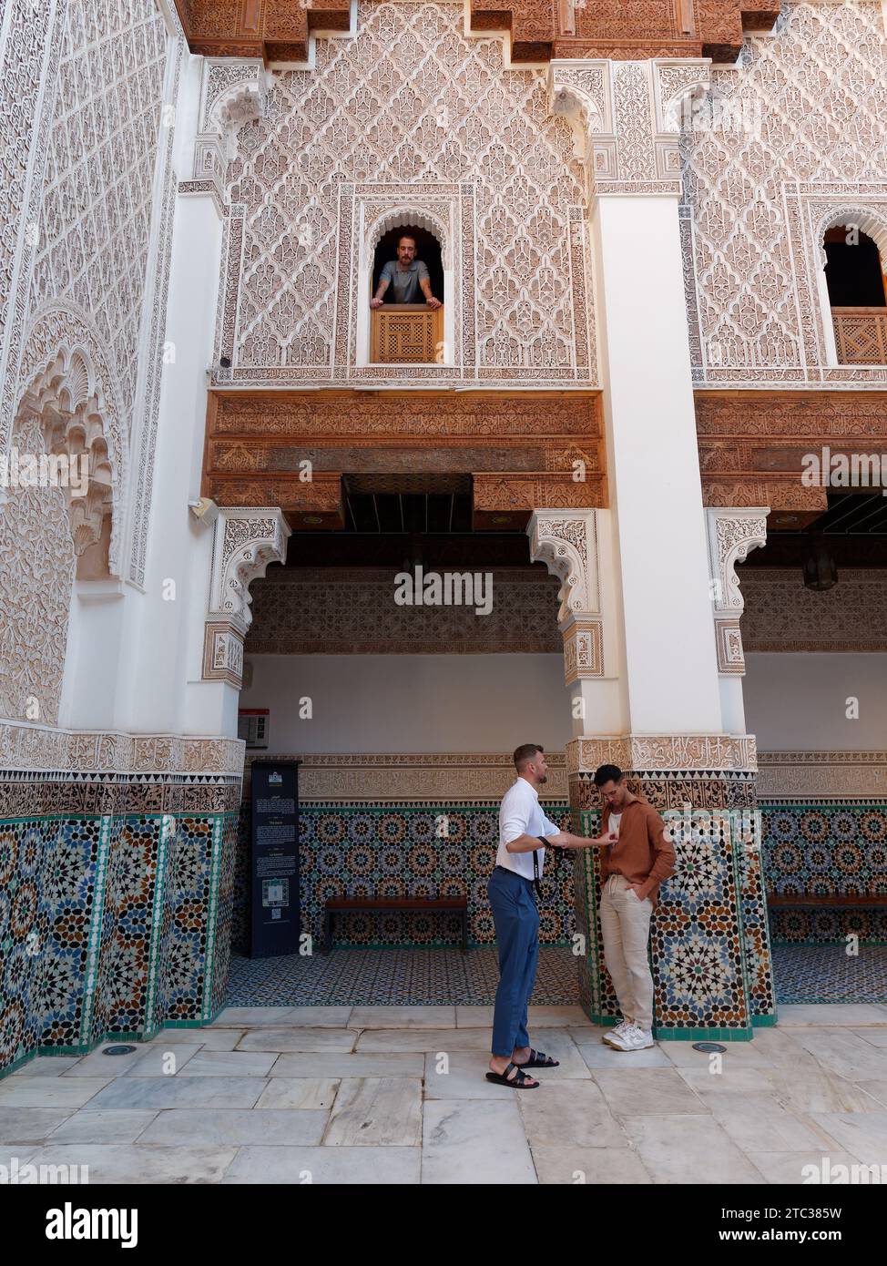 Main courtyard at Ben Youssef Medersa historic Islamic school/college Marrakesh aka Marrakech ...