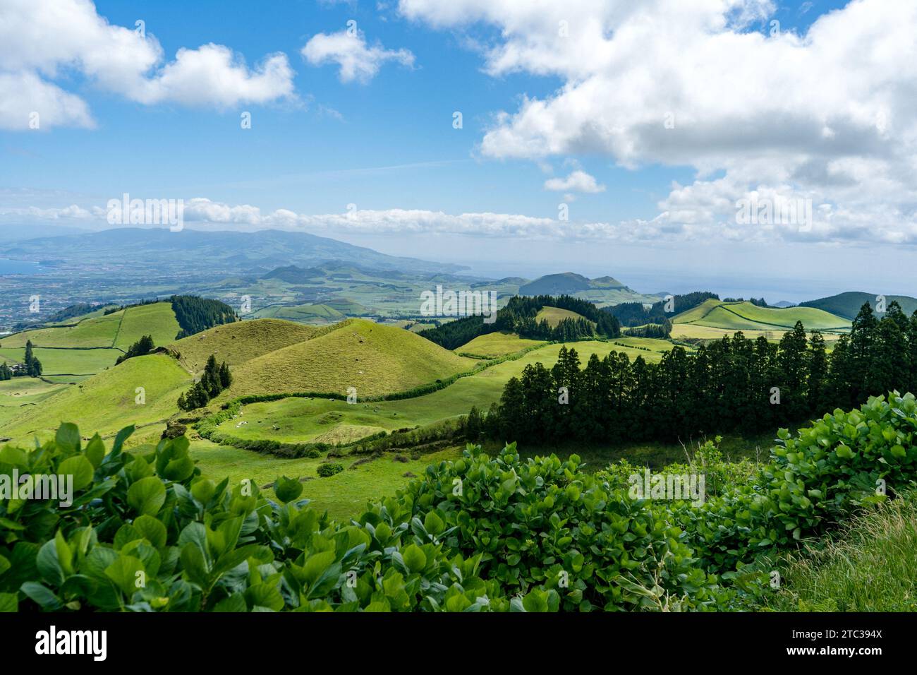 Azores landscape: expansive green fields leading to small mountains ...