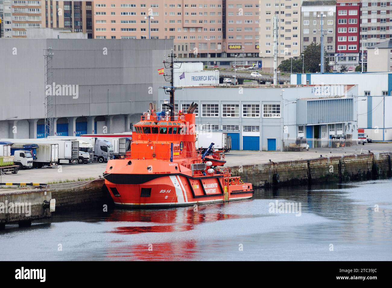 Porto do Son, La Coruna, Spain - 4th October 2021:Large orange tug ...