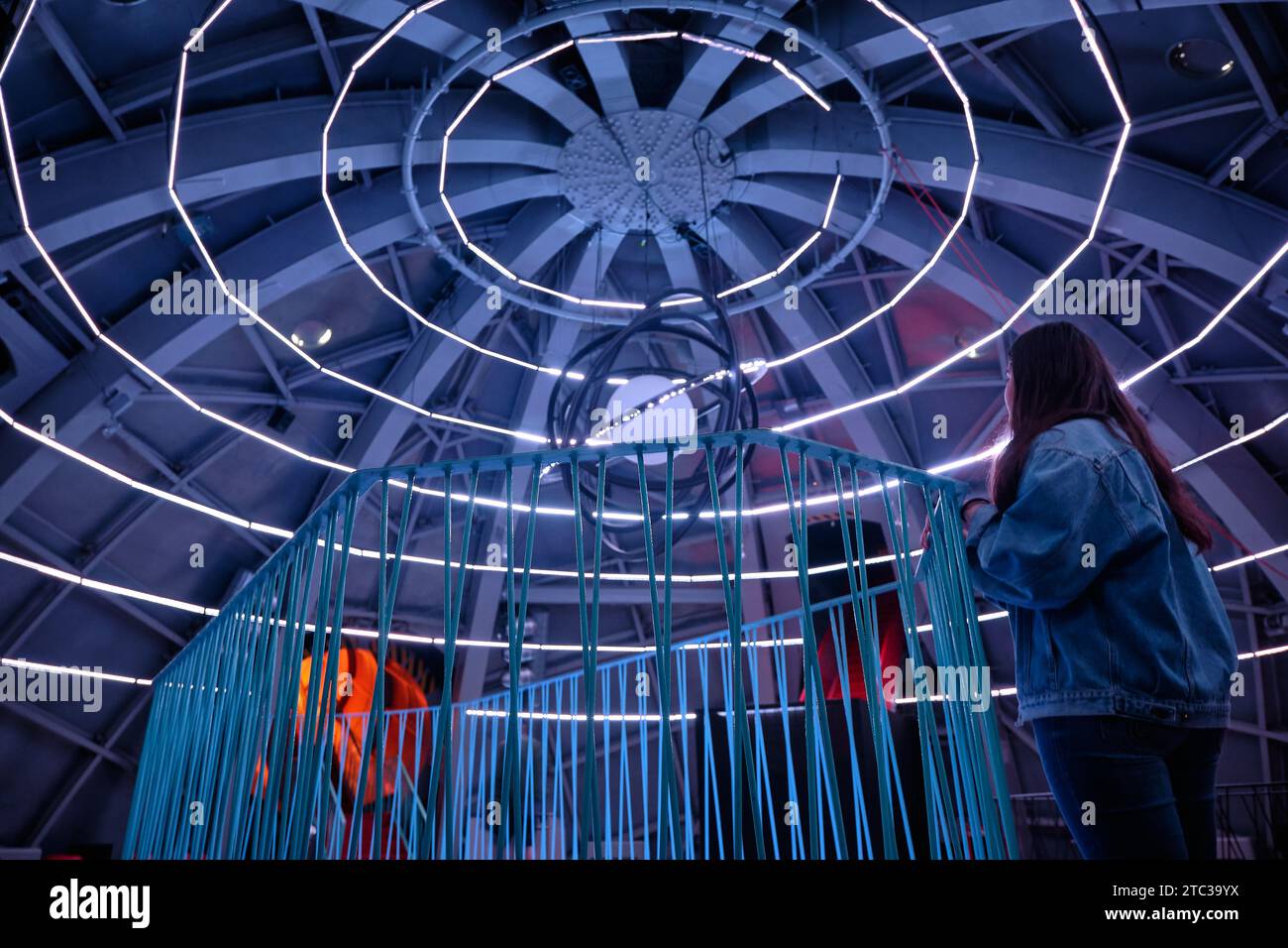 Inside one of the stainless steel spheres of the Atomium Brussels ...