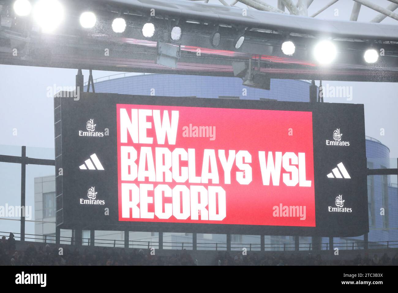 London, UK. 10th Dec, 2023. The Emirates Stadium screen displays the ...