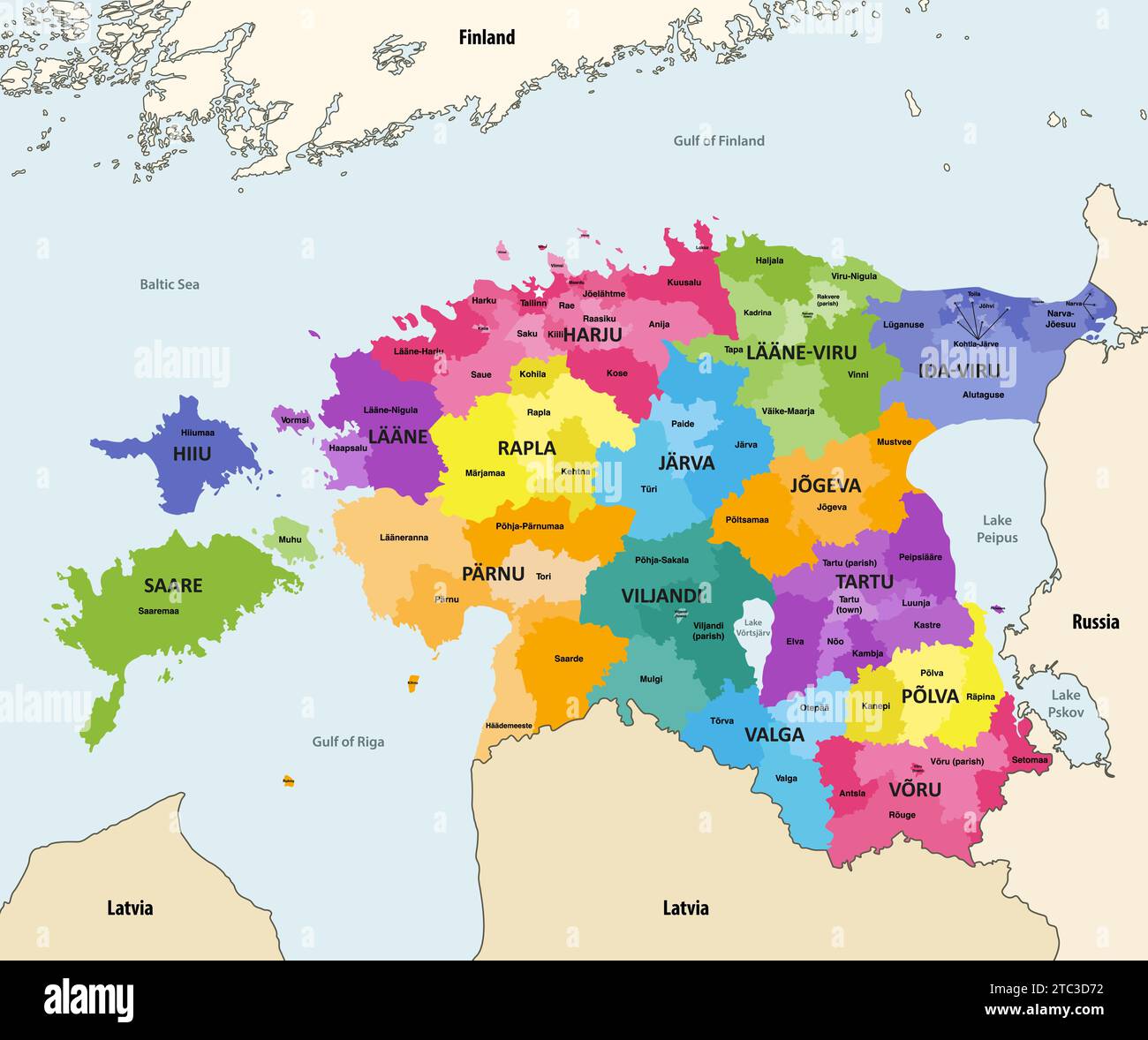 Estonia municipalities colored by counties vector map with neighbouring countries and ...
