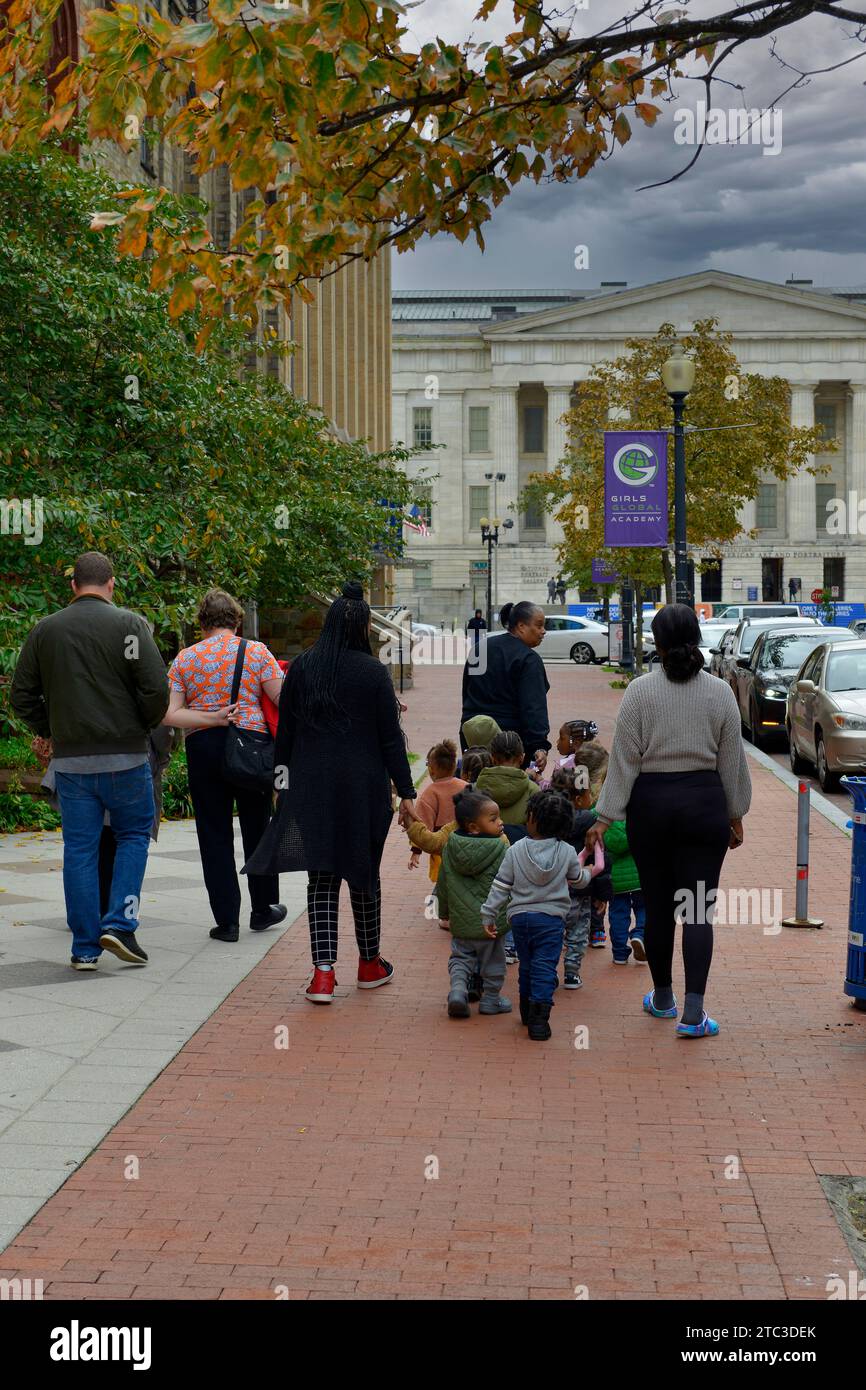 Small Pre-K African-American children on a walk close to the National ...