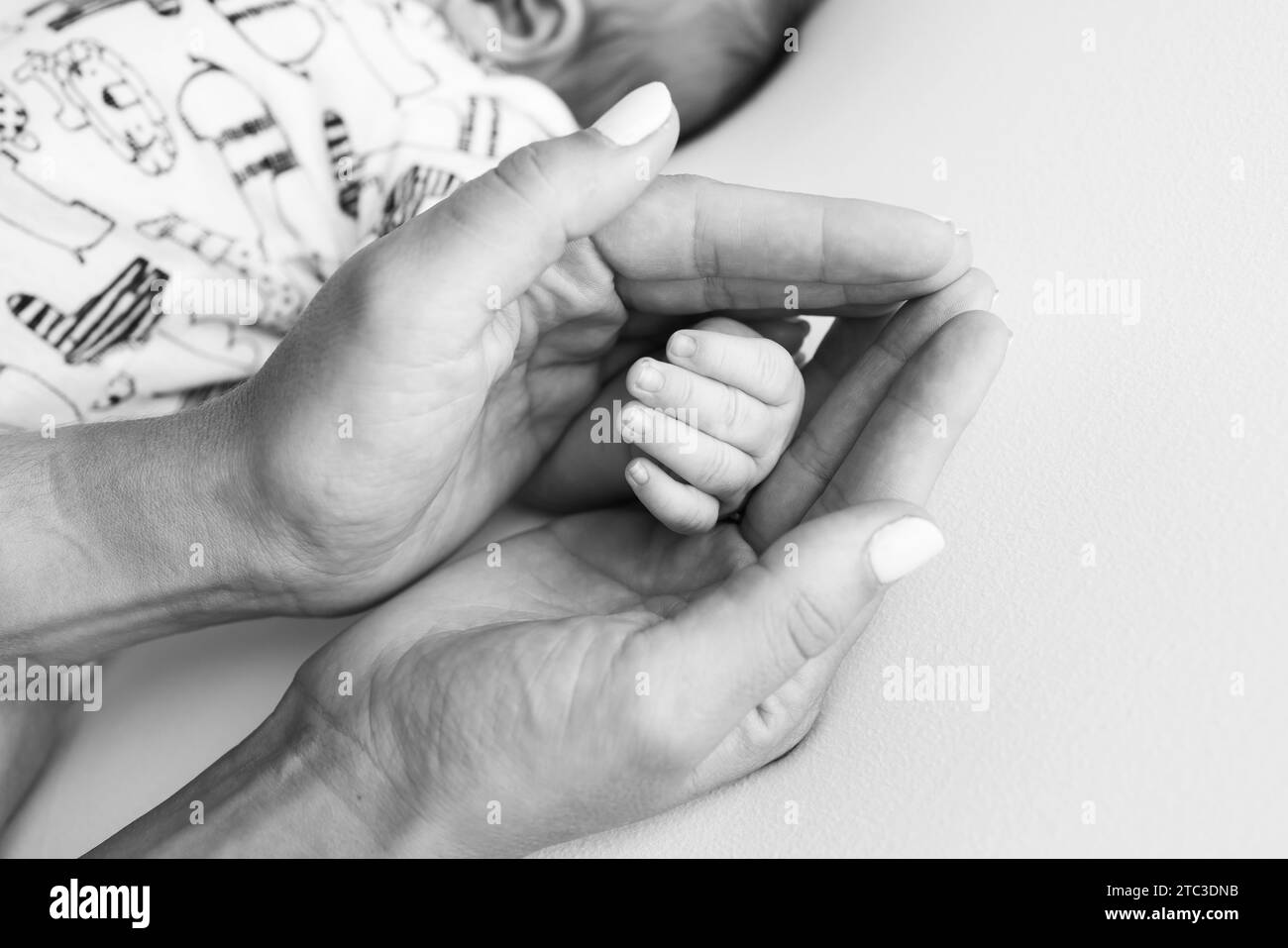 Parents' hands hold the fingers of a newborn baby. The hand of mother ...