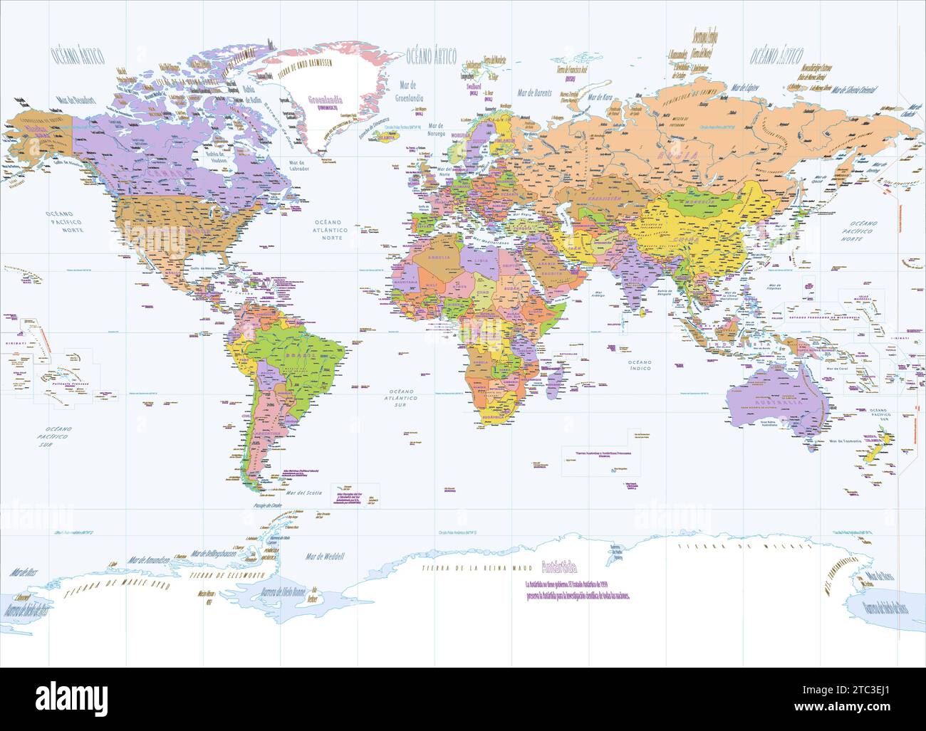 Political world map Spanish language Miller projection Stock Vector ...