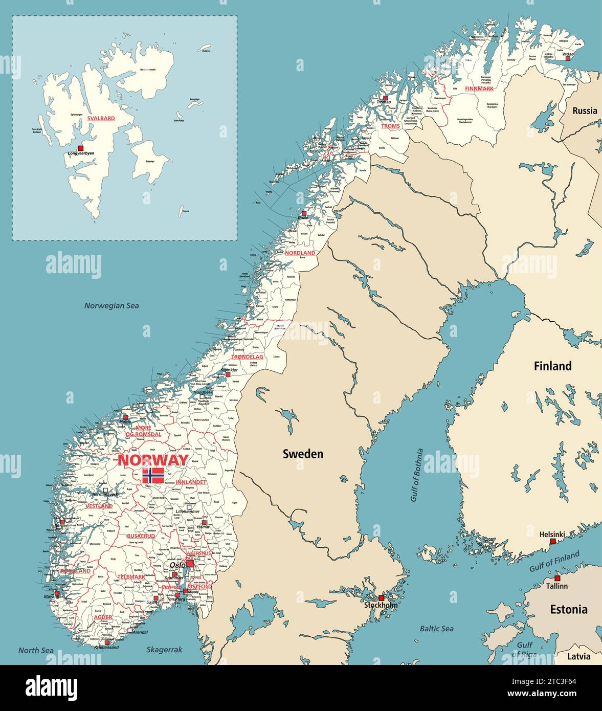 Norway counties and municipalities high detailed vector map with ...