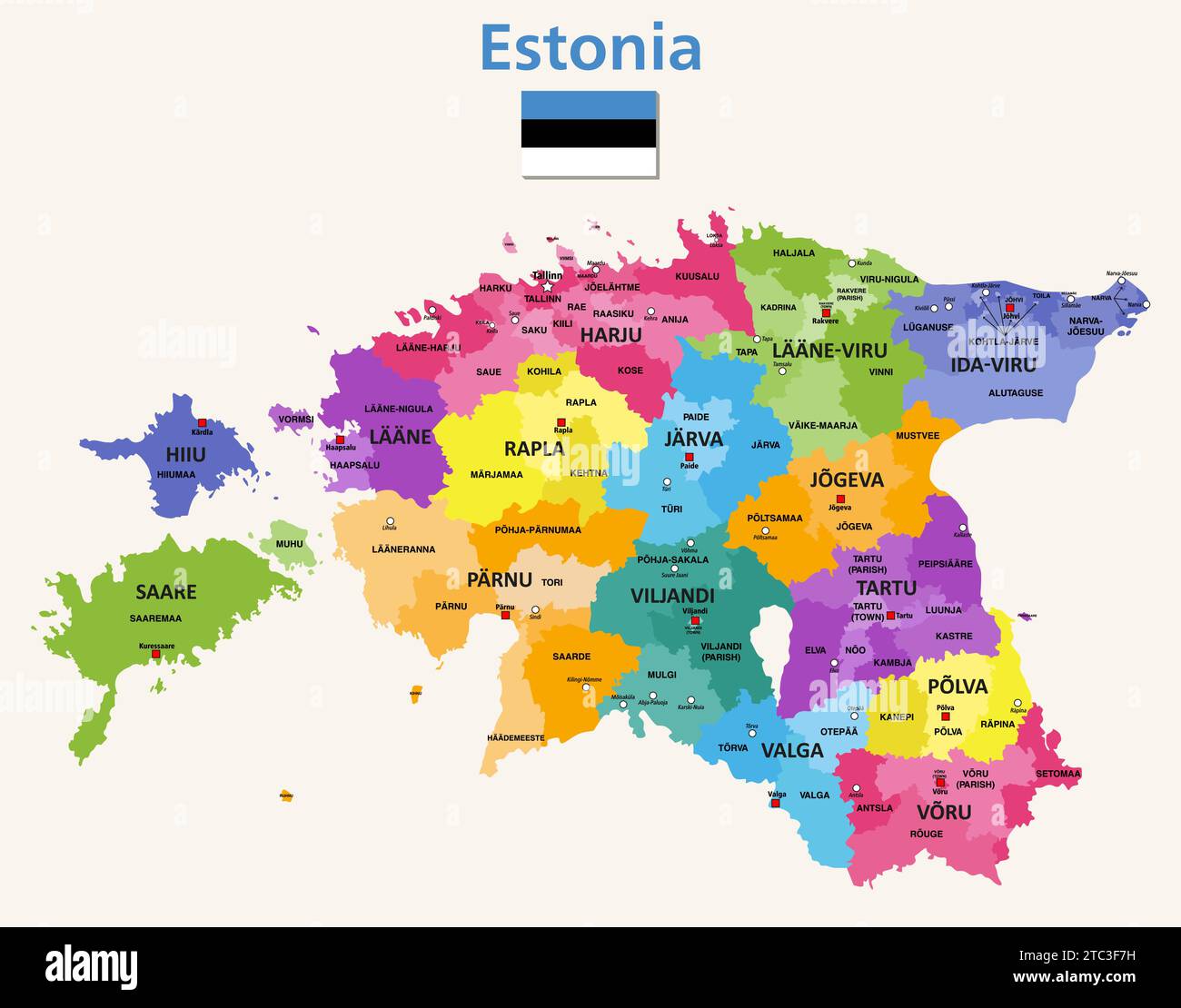 Estonian municipalities colored by counties vector isolated map Stock ...