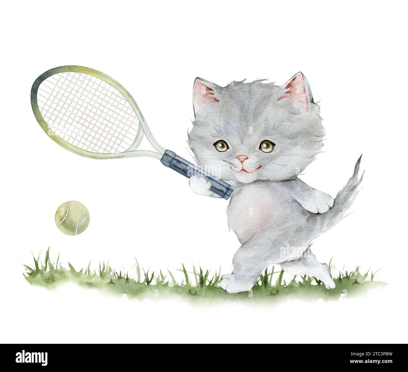 Little fluffy gray kitten tennis player holding racket on grass ...