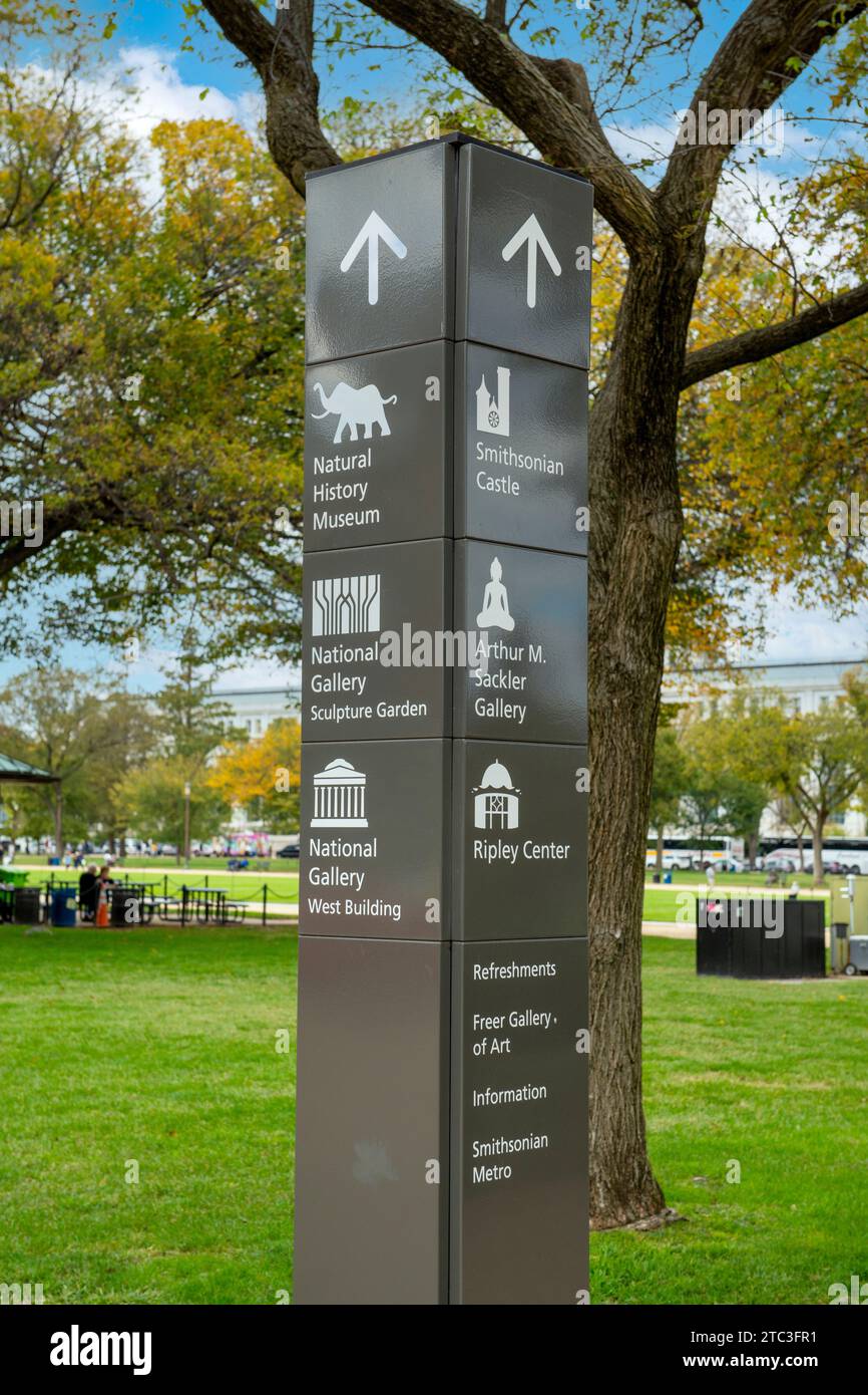 Tourist direction signpost with arrows poiting to landmarks in ...
