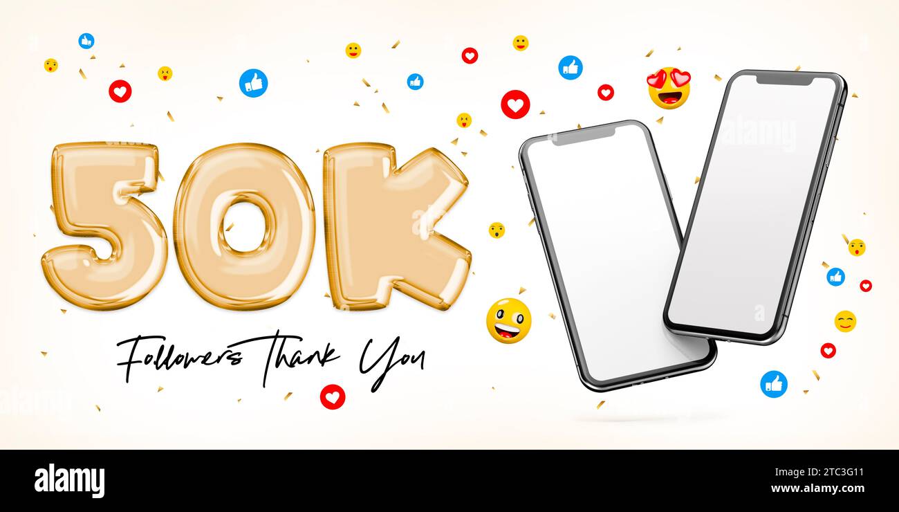 50K followers celebration. With two blank white screen smartphones ...