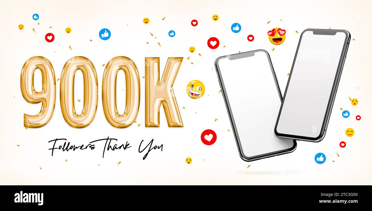 900K followers celebration. With two blank white screen smartphones ...