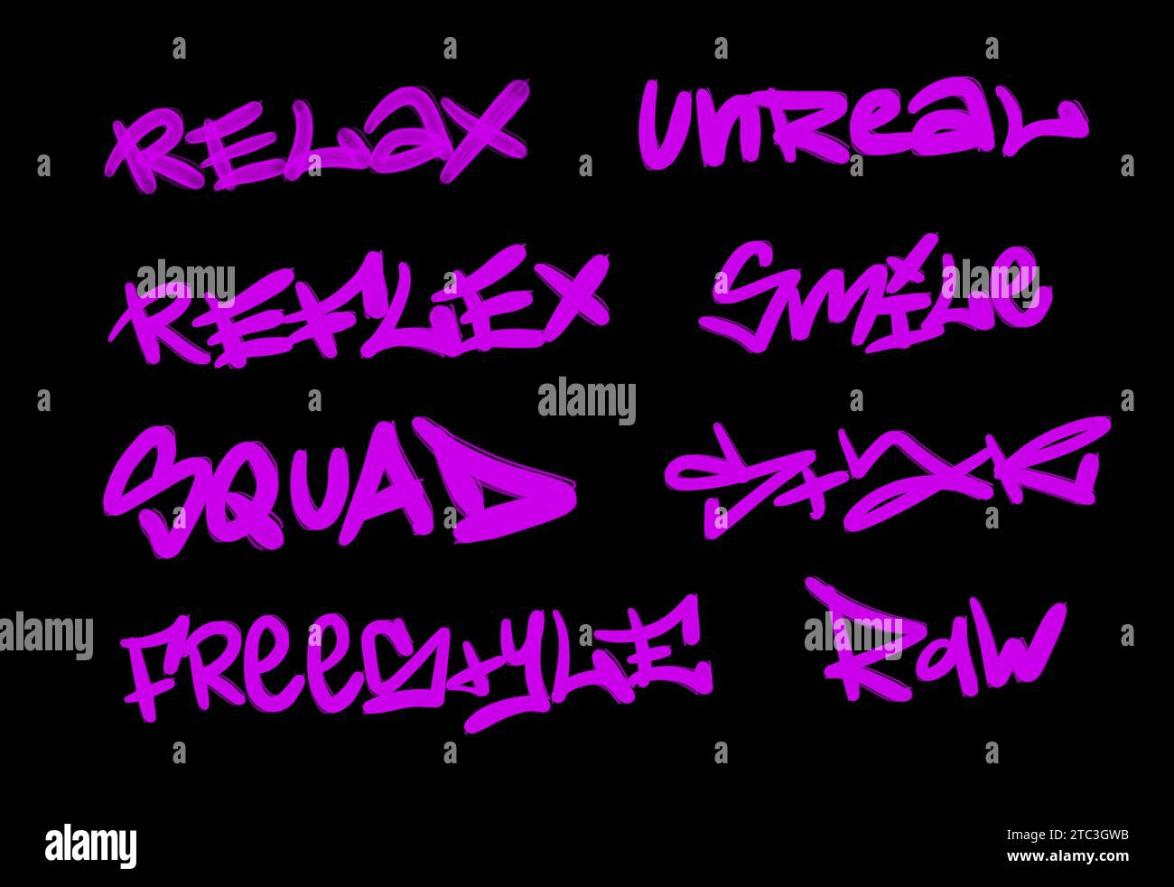 Collection of graffiti street art tags with words and symbols in purple ...