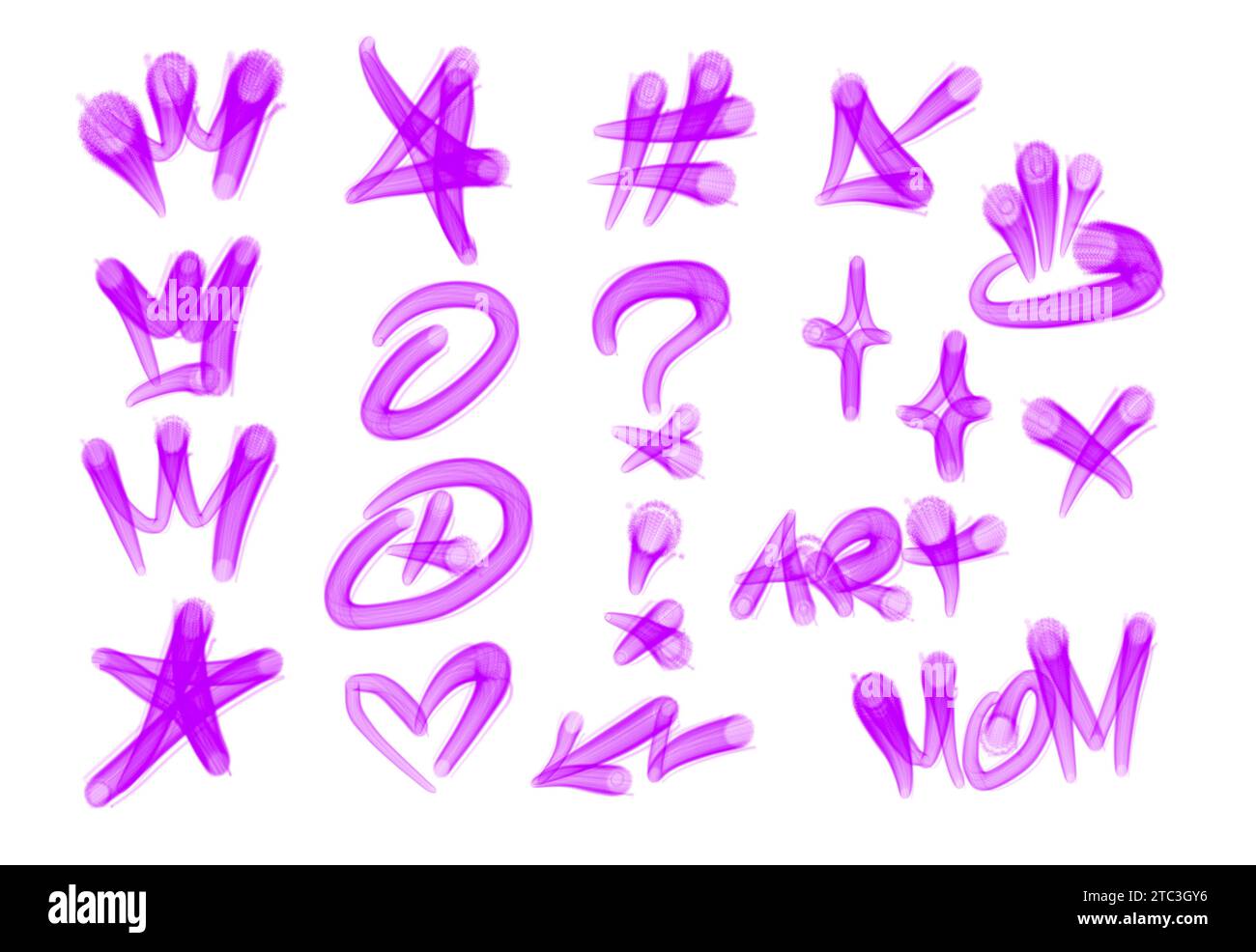 Collection of graffiti street art tags with words and symbols in violet ...