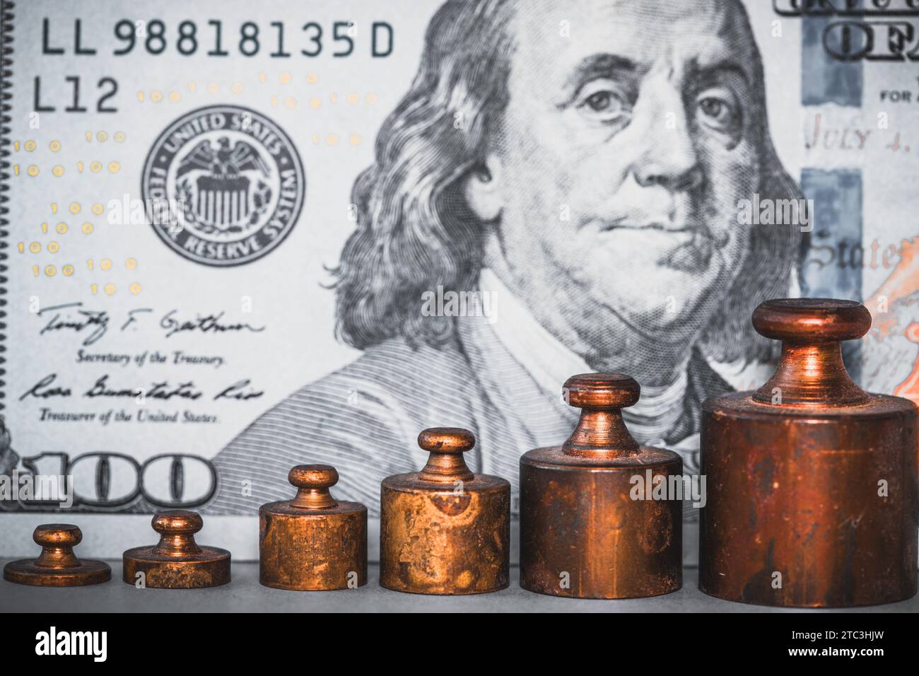 US 100 dollar banknote with set scale weights, strength of US currency ...
