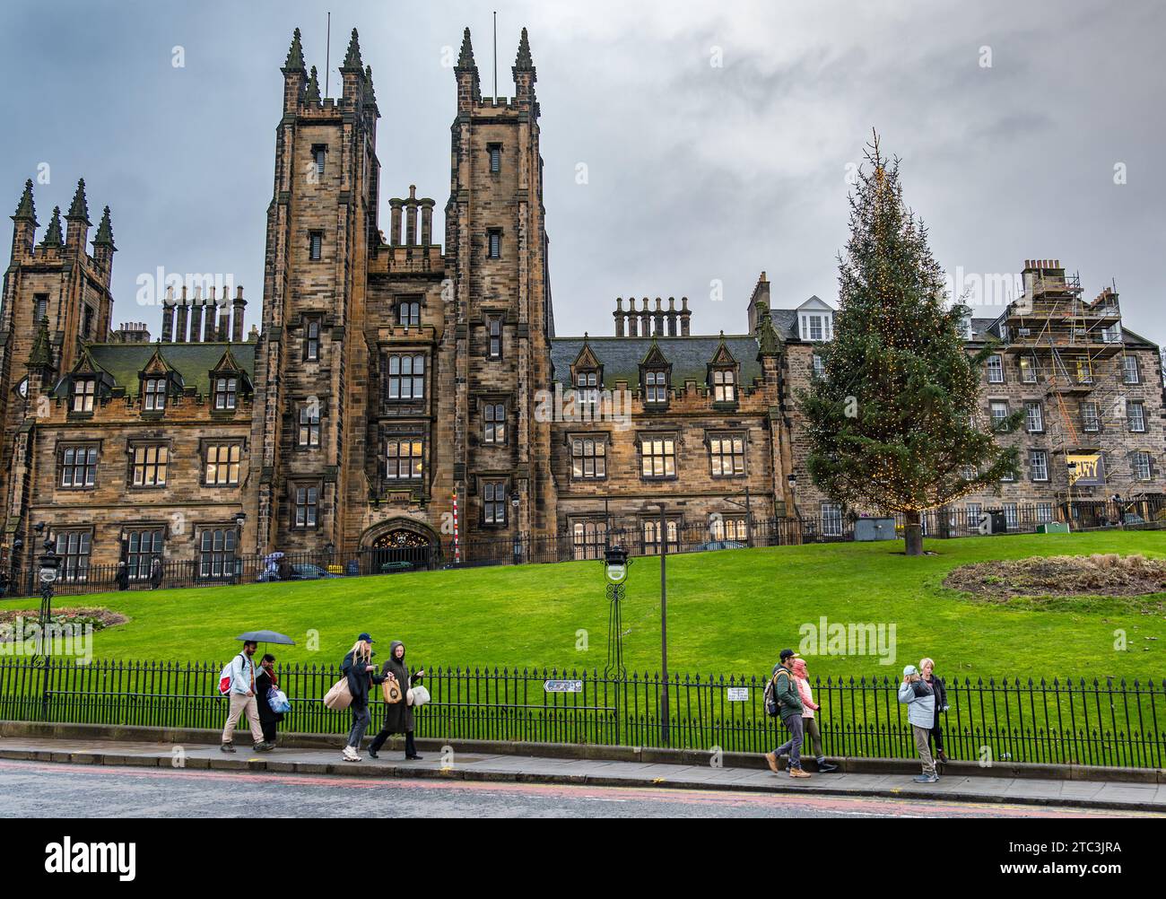 Christmas fir tree on The Mound with Assembly Hall, Edinburgh, Scotland ...