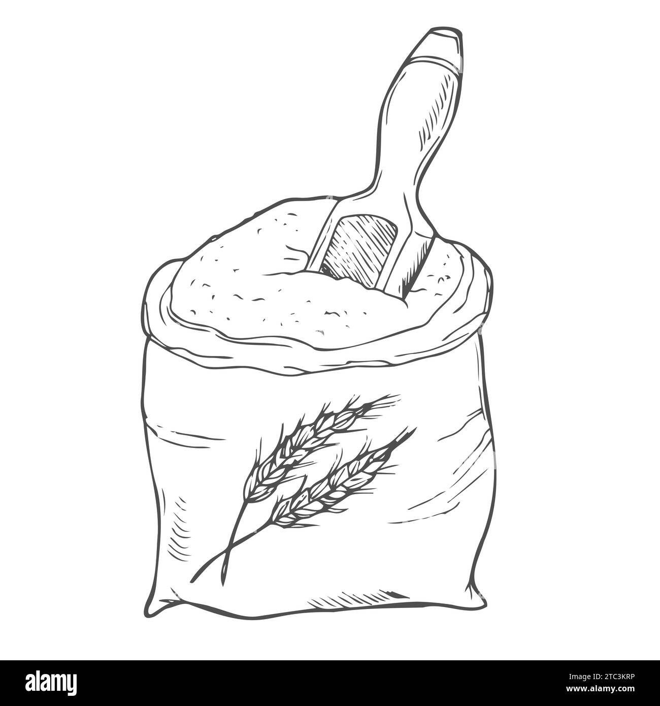 Sack with whole flour or sugar with scoop. Hand drawn sketch style ...