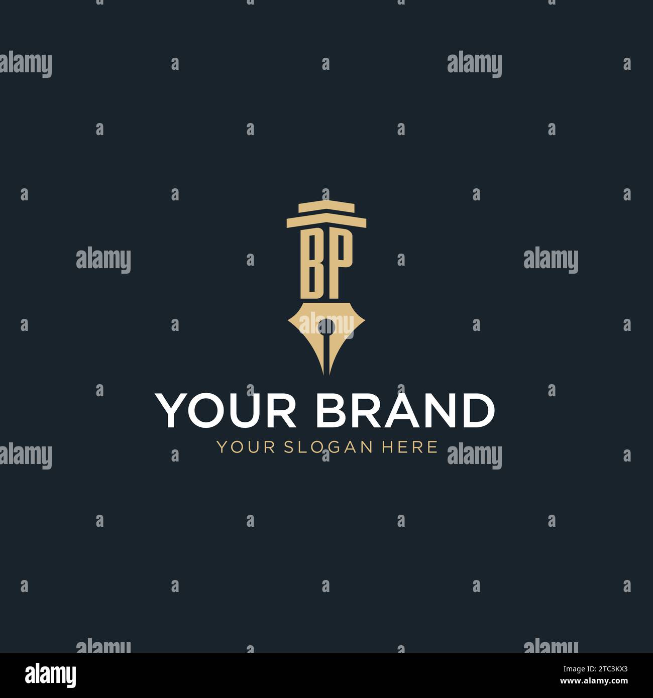 BP monogram initial logo with fountain pen and pillar style design ...