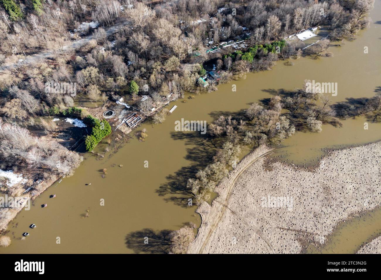 Drone view of an overflowing river during spring floods Stock Photo - Alamy