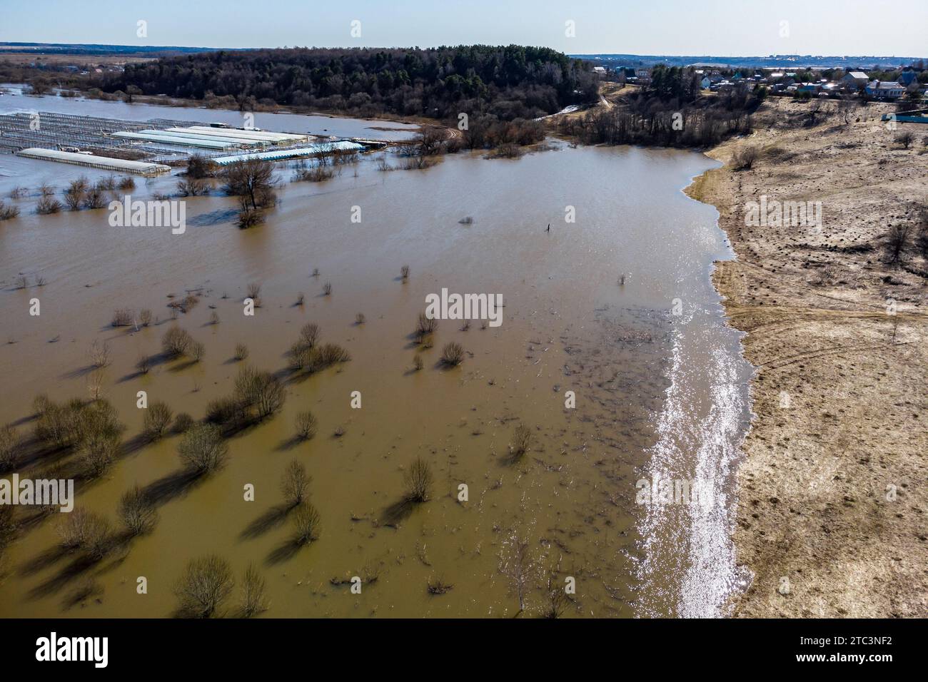 Drone view of the river floodplain flooded during the spring flood ...