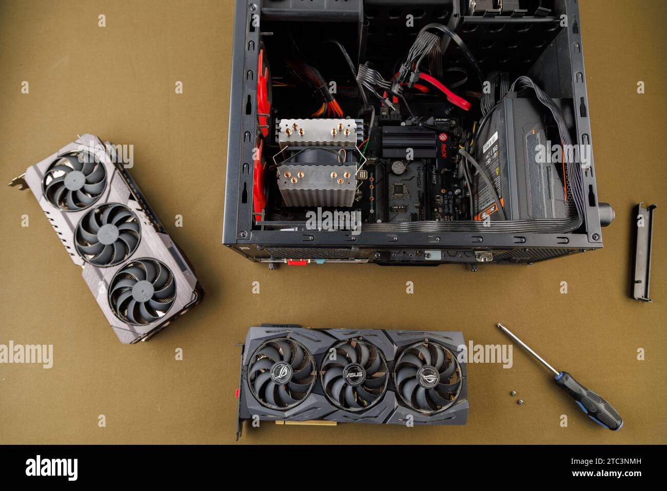 graphics card upgrading concept, two gaming graphics cards near desktop ...