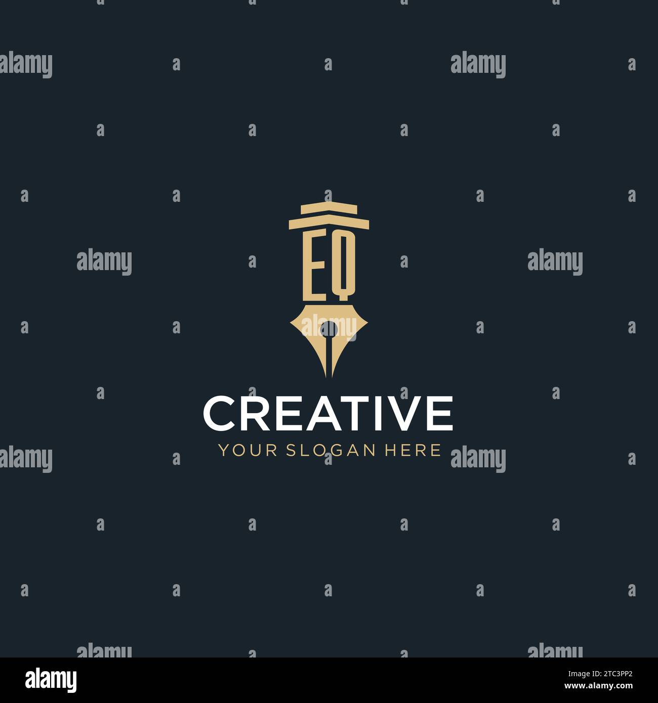 EQ monogram initial logo with fountain pen and pillar style design ...