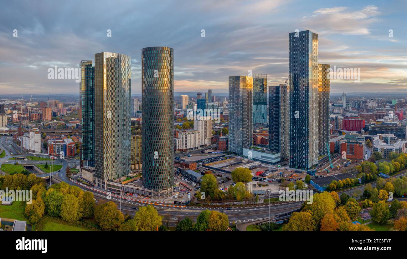 Manchester City centre Aerial sunrise view of Deansgate Square and ...