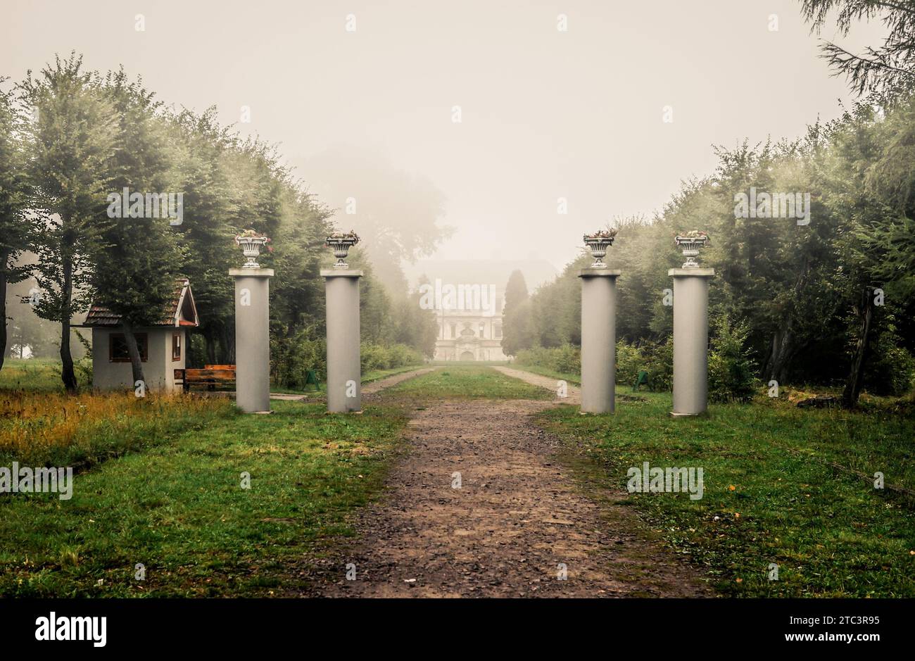 Columns in front of Pidhirtsi castle near Lviv at foggy morning ...