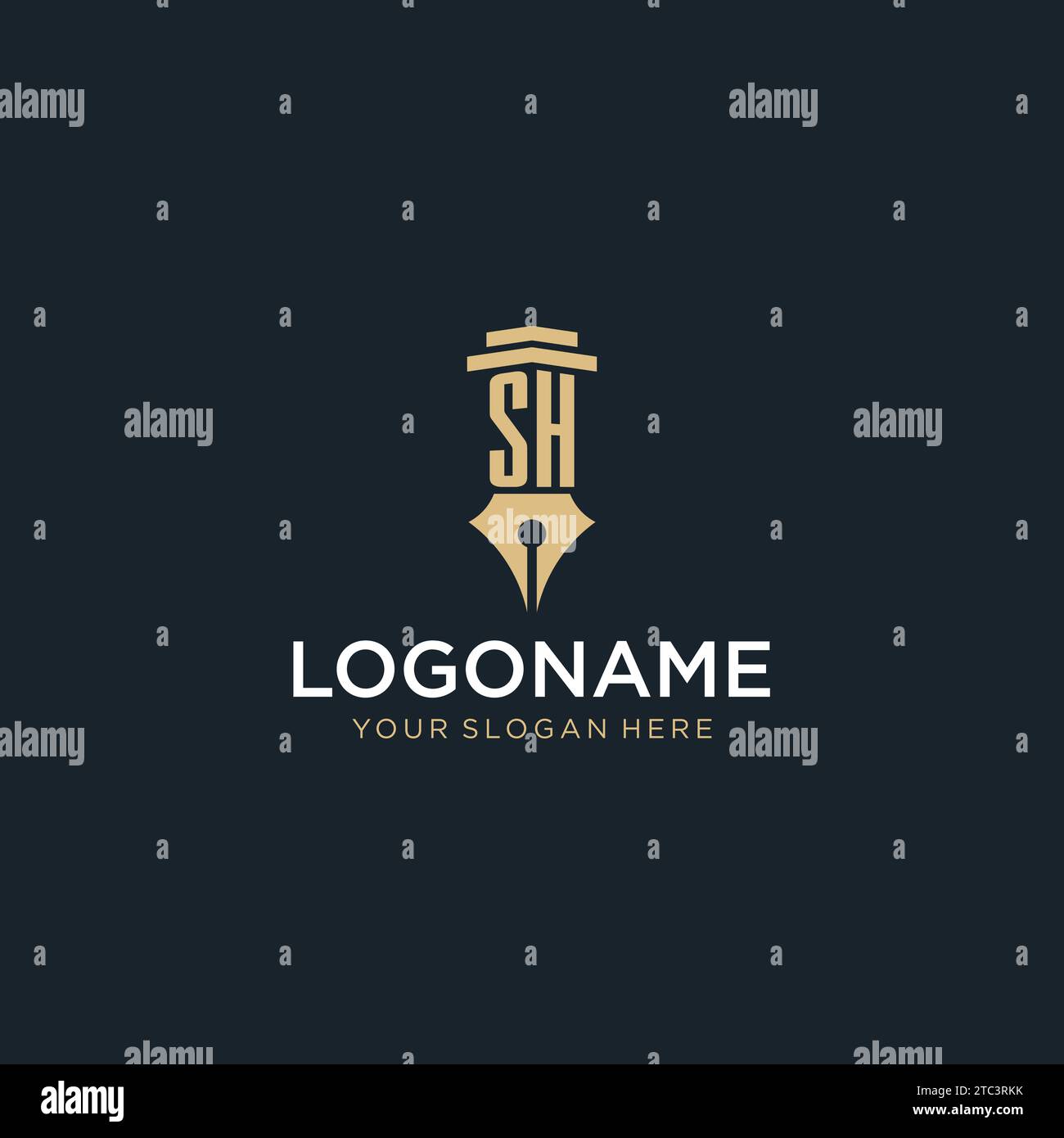 SH monogram initial logo with fountain pen and pillar style design ...