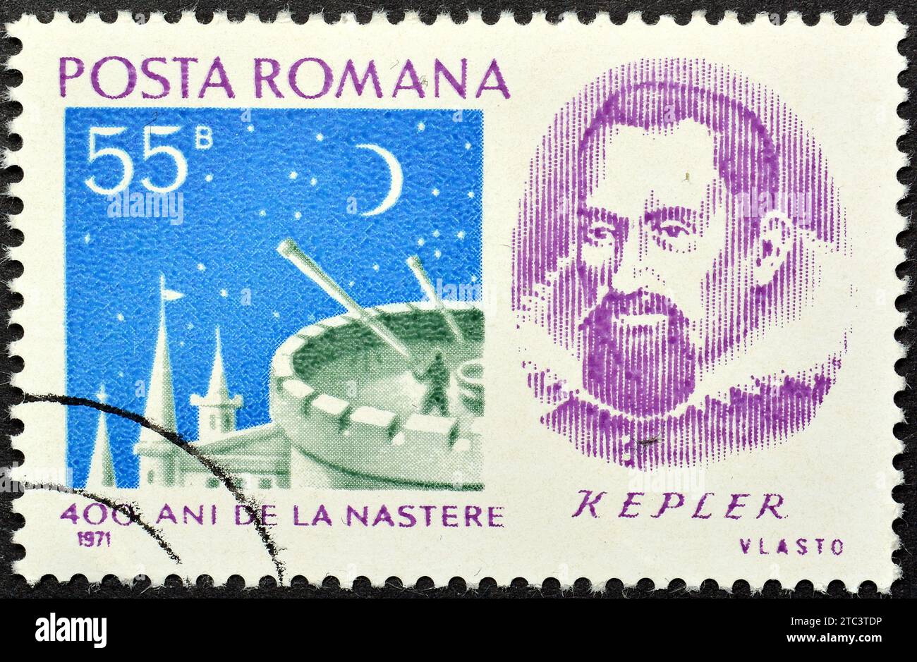 Cancelled postage stamp printed by Romania, that shows Kepler and ...
