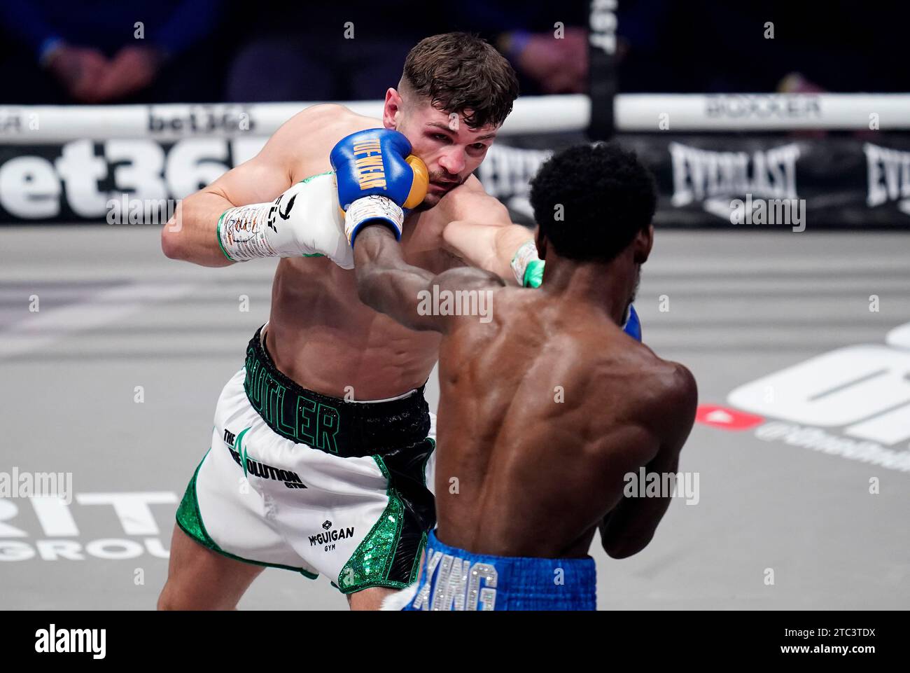Lee Cutler (left) and Kingsley Egbunike in action during their English ...