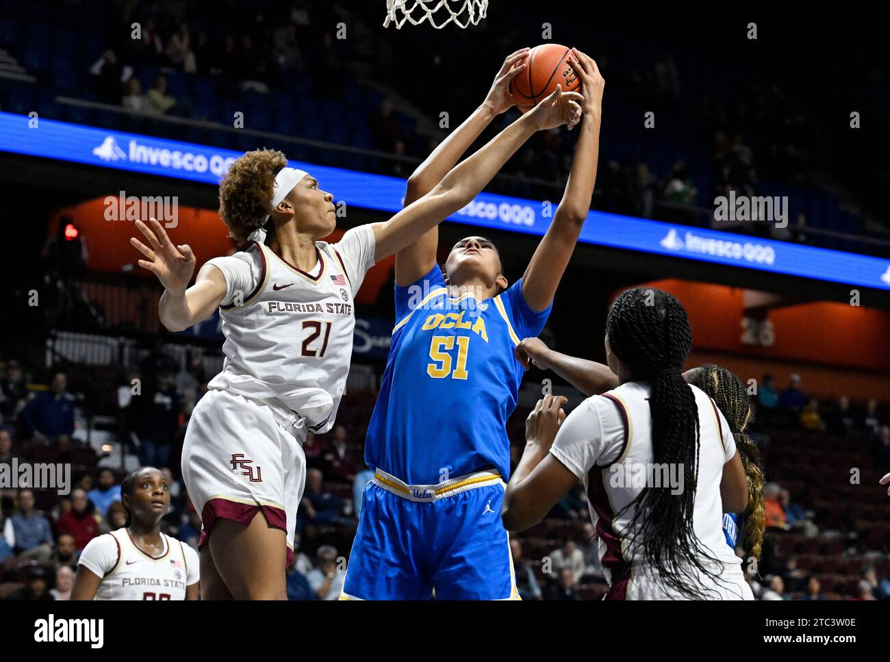 UCLA center Lauren Betts (51) grabs a rebound over Florida State ...