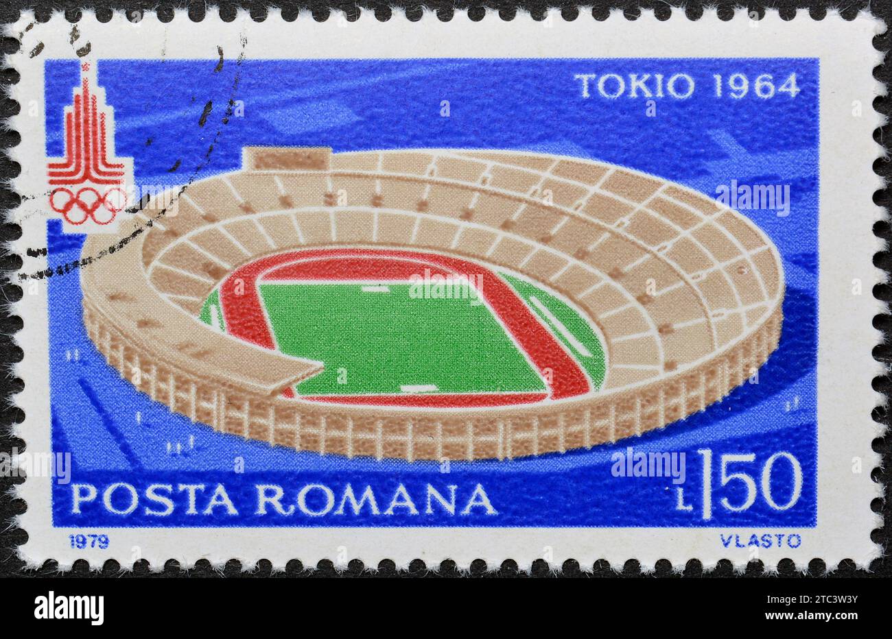 Cancelled postage stamp printed by Romania, that shows Tokyo Stadium ...