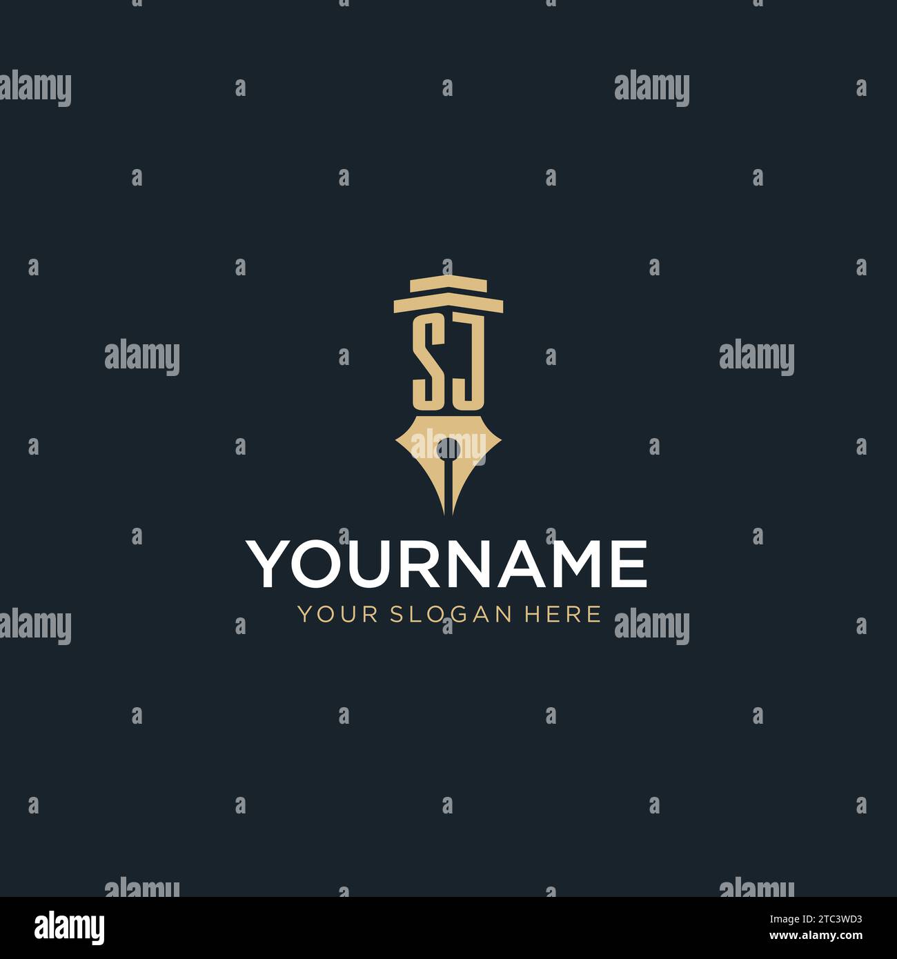 SJ monogram initial logo with fountain pen and pillar style design ...