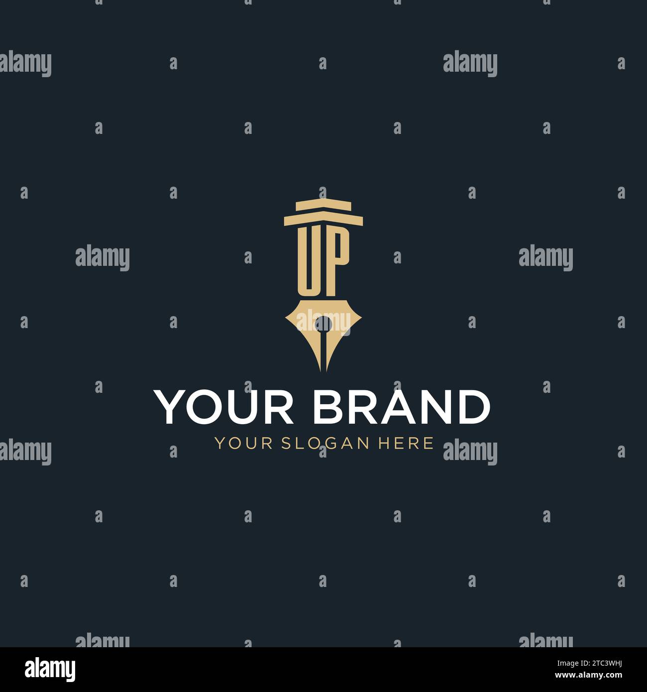 UP monogram initial logo with fountain pen and pillar style design ...